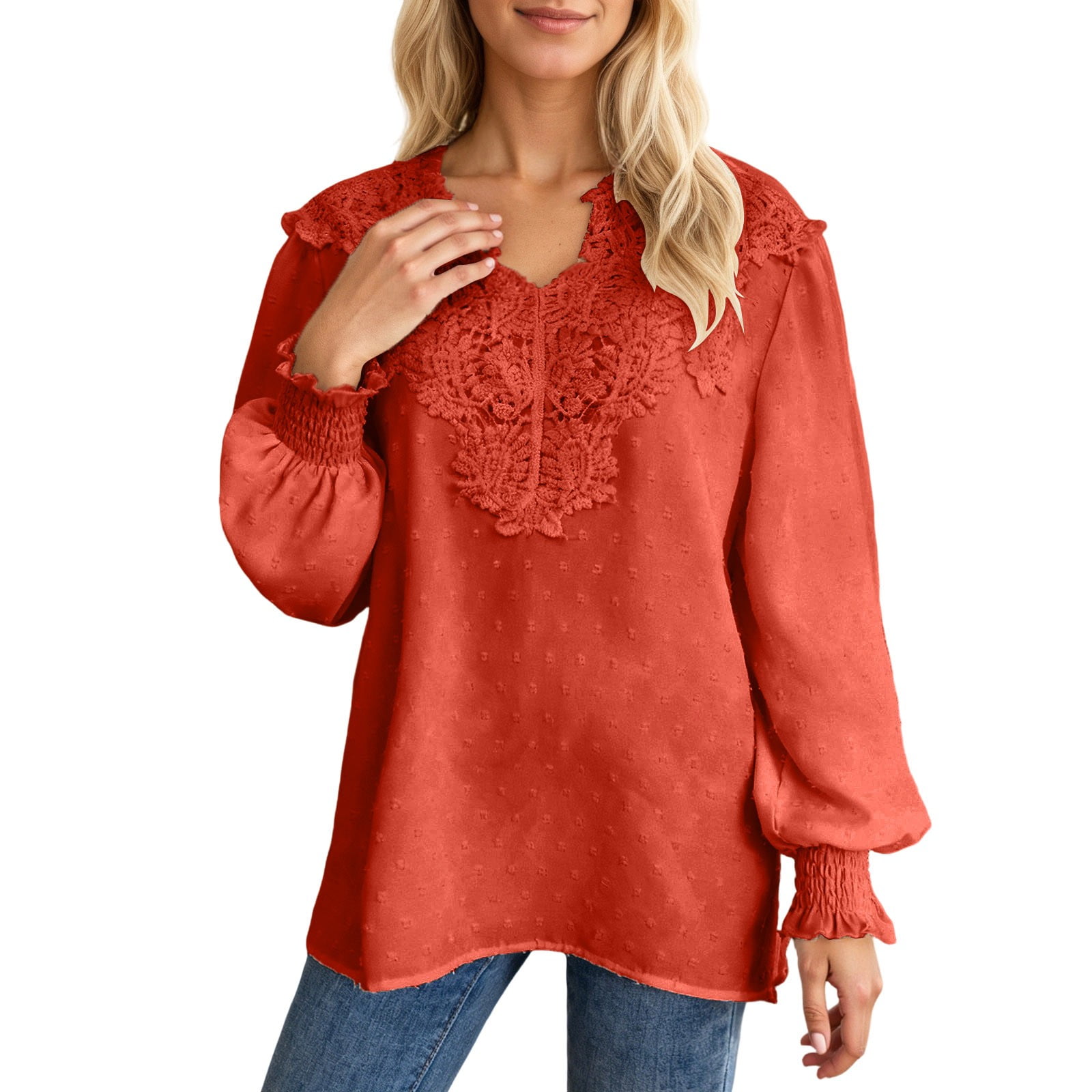 Bainana Long Sleeve T-Shirts For Women Solid Color Lace Collar Loose ...