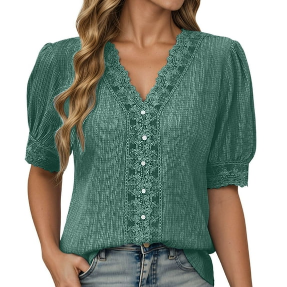 Bainana Loose Fit Lace Shirt For Women Solid Color Half Sleeve Button ...