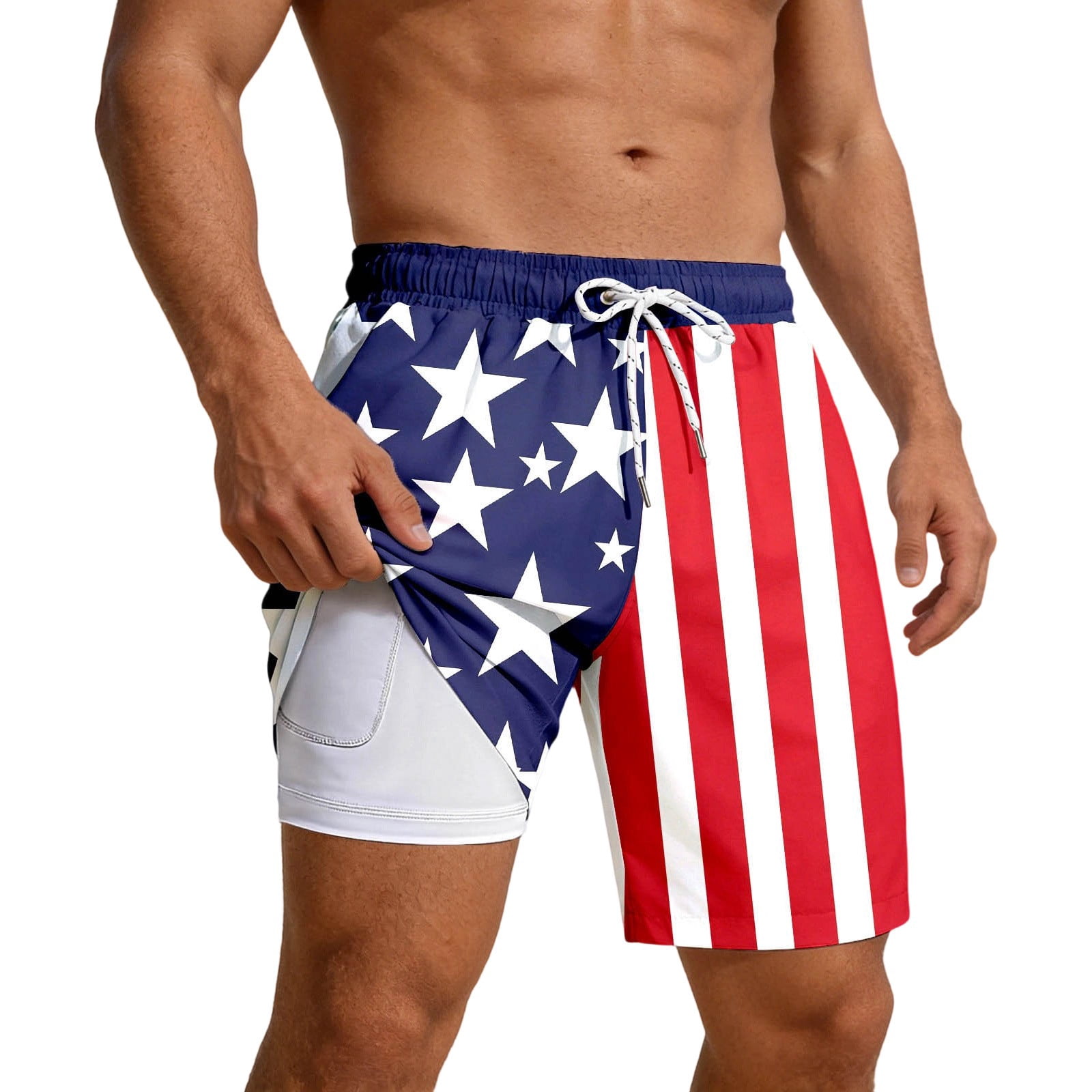 Bainana Mens Swim Trunks American Flag 2 In 1 Patriotic Swim Shorts ...