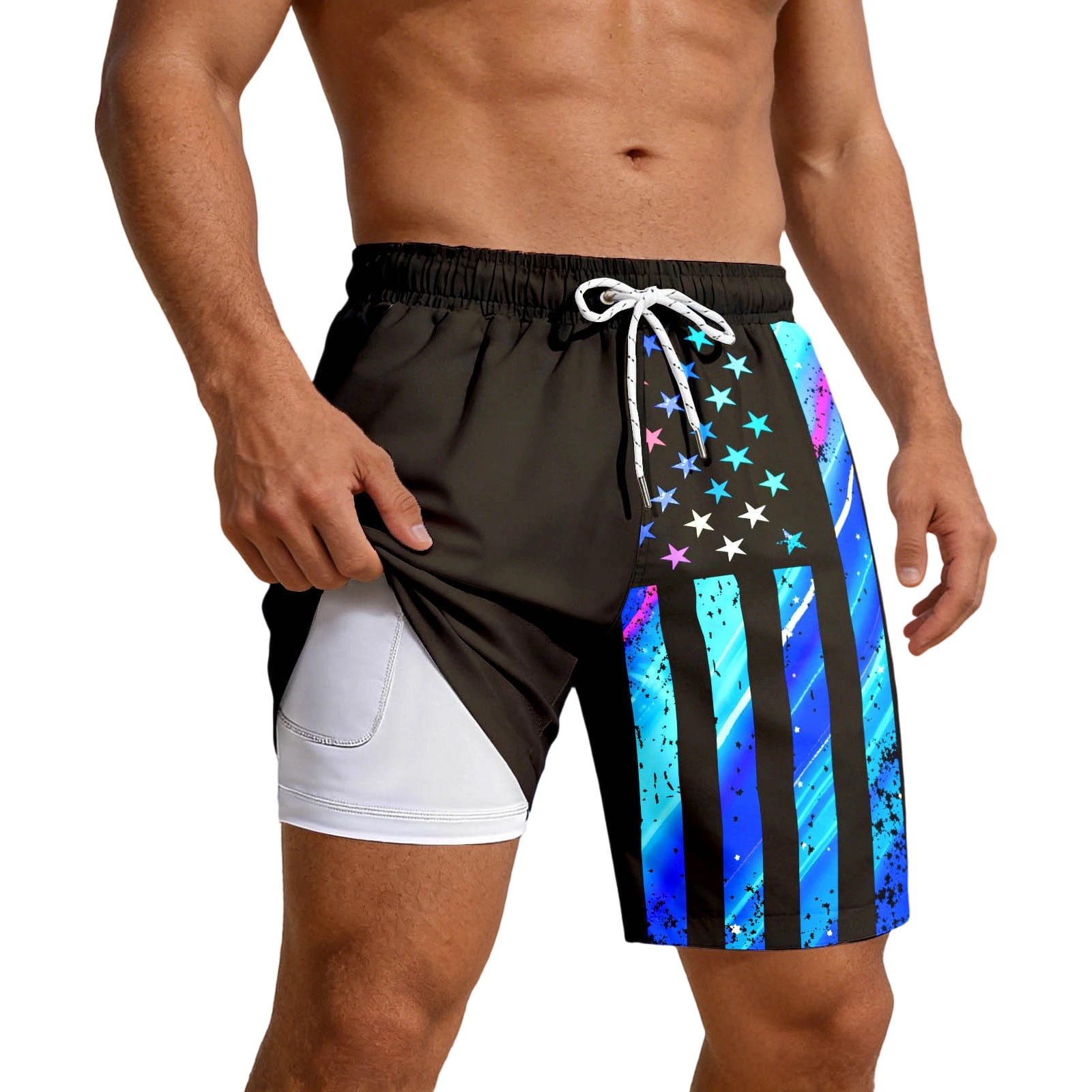 Bainana Mens Swim Trunks American Flag 2 In 1 Patriotic Swim Shorts ...