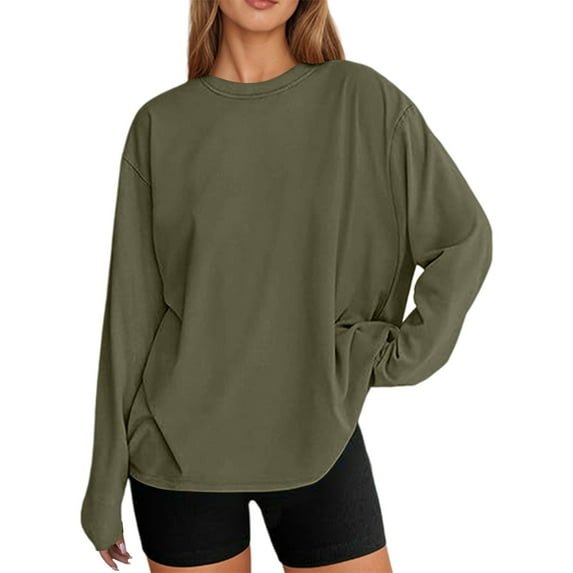 Bainana Oversized Tshirt For Women Solid Color Long Sleeve Crew Neck ...