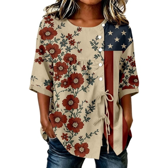 Bainana Patriotic T Shirts For Women Star Stripes Print 3/4 Sleeve Crew ...