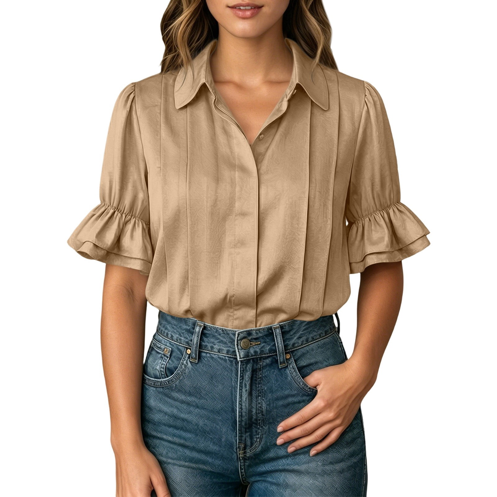 Bainana Shirts For Women Solid Color Short Sleeve Lapel Collar Blouse ...