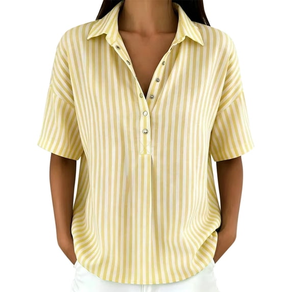 Bainana Shirts For Women Striped Print Short Sleeve Lapel Collar Tops ...