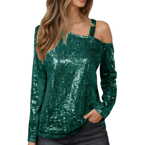 Bainana Stylish Blouse For Women Sequin Solid Color Long Sleeve One ...