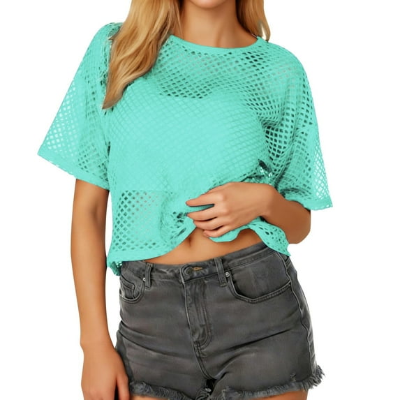 Bainana Stylish Mesh Tops For Women Solid Color Short Sleeve Crew Neck ...