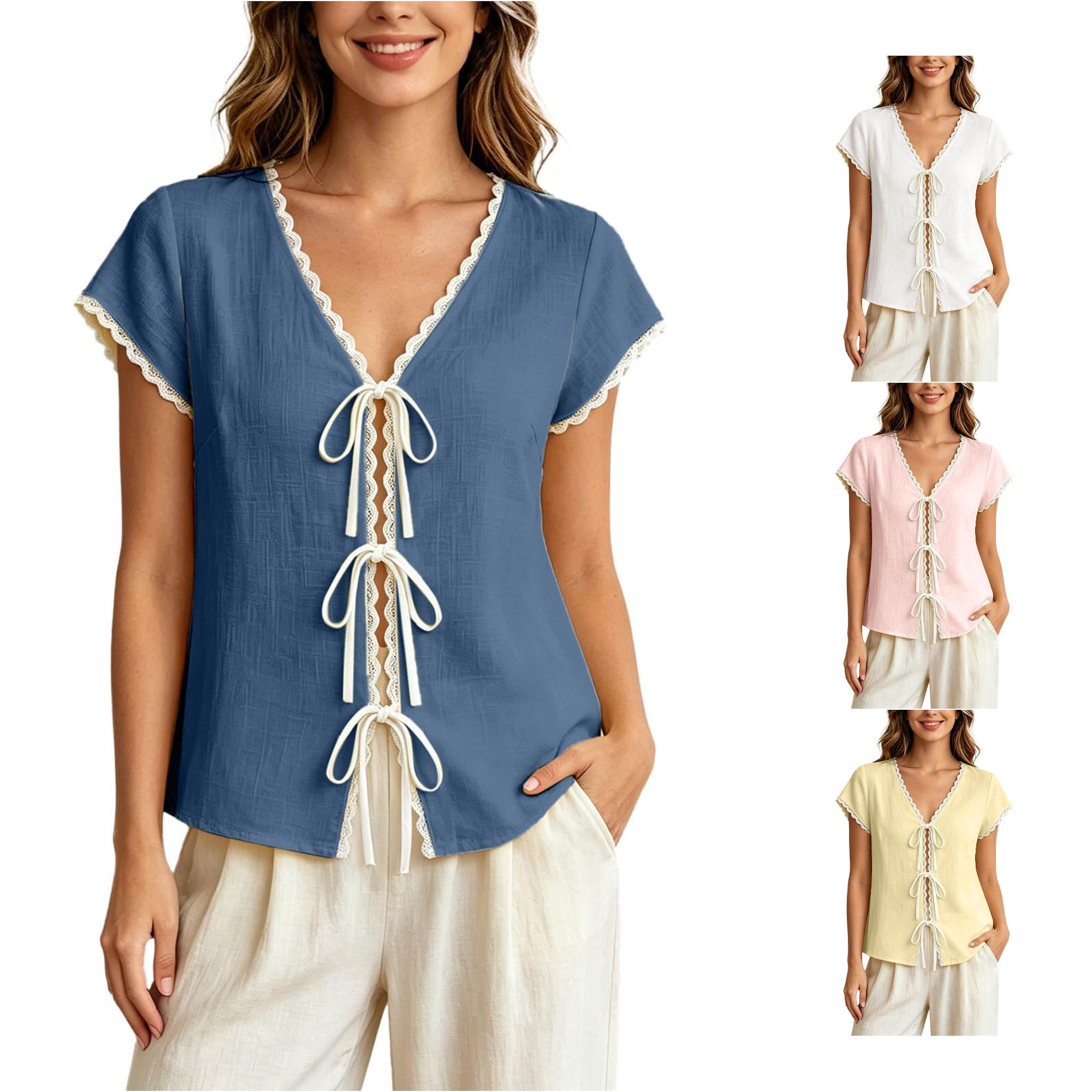 Bainana Summer Women’S Top With Pure Color Lace Trim Short Sleeve Shirt ...