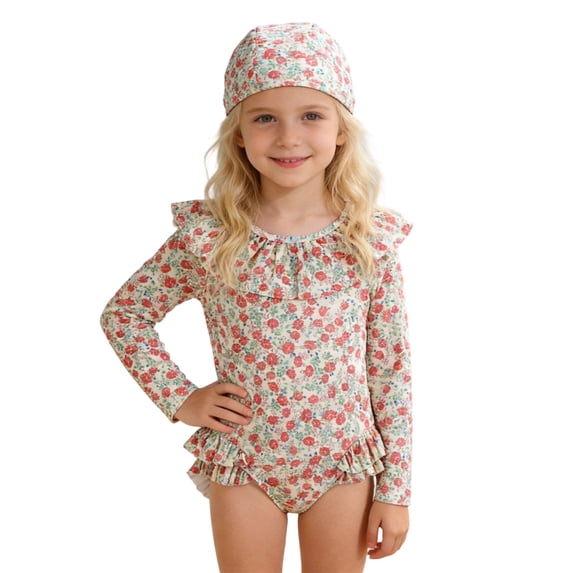 Bainana Swimwear For Girls Long Sleeve Floral Print Crew Neck One ...