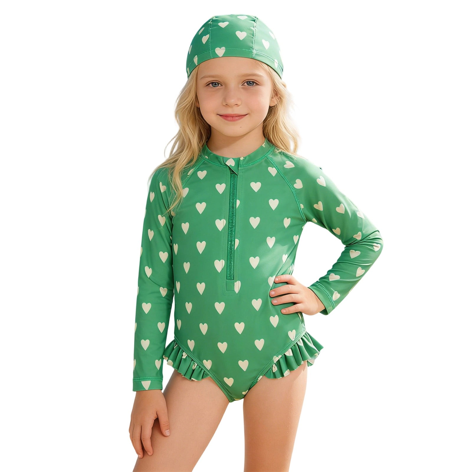 Bainana Swimwear For Girls Long Sleeve Heart Print Crew Neck With ...