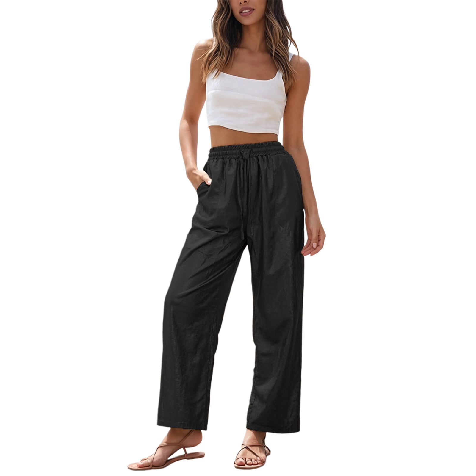 Bainana Women Loose Fit Wide Leg Pants Solid Color Drawstring Elastic ...