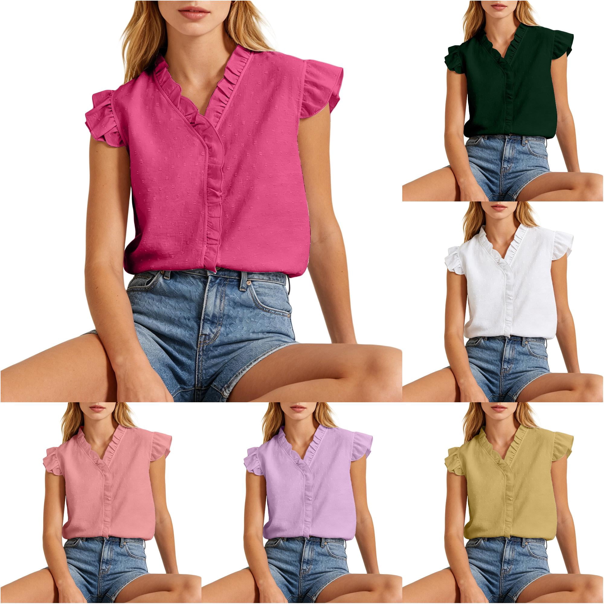 Bainana Women’S Tops Solid Color Ruffle Sleeve V Neck Blouse Ladies ...