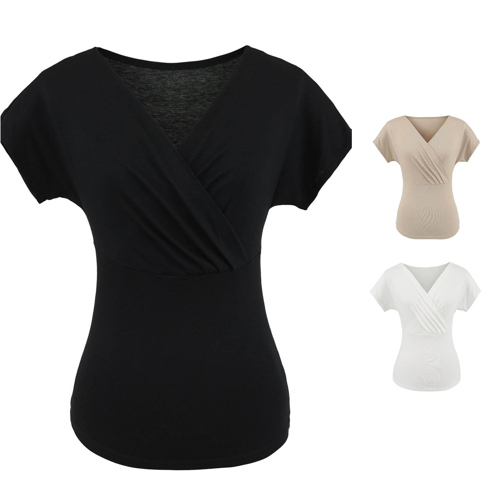 Bainana Women’S V Neck Shirts Solid Color Short Sleeve Fitted Top Slim ...