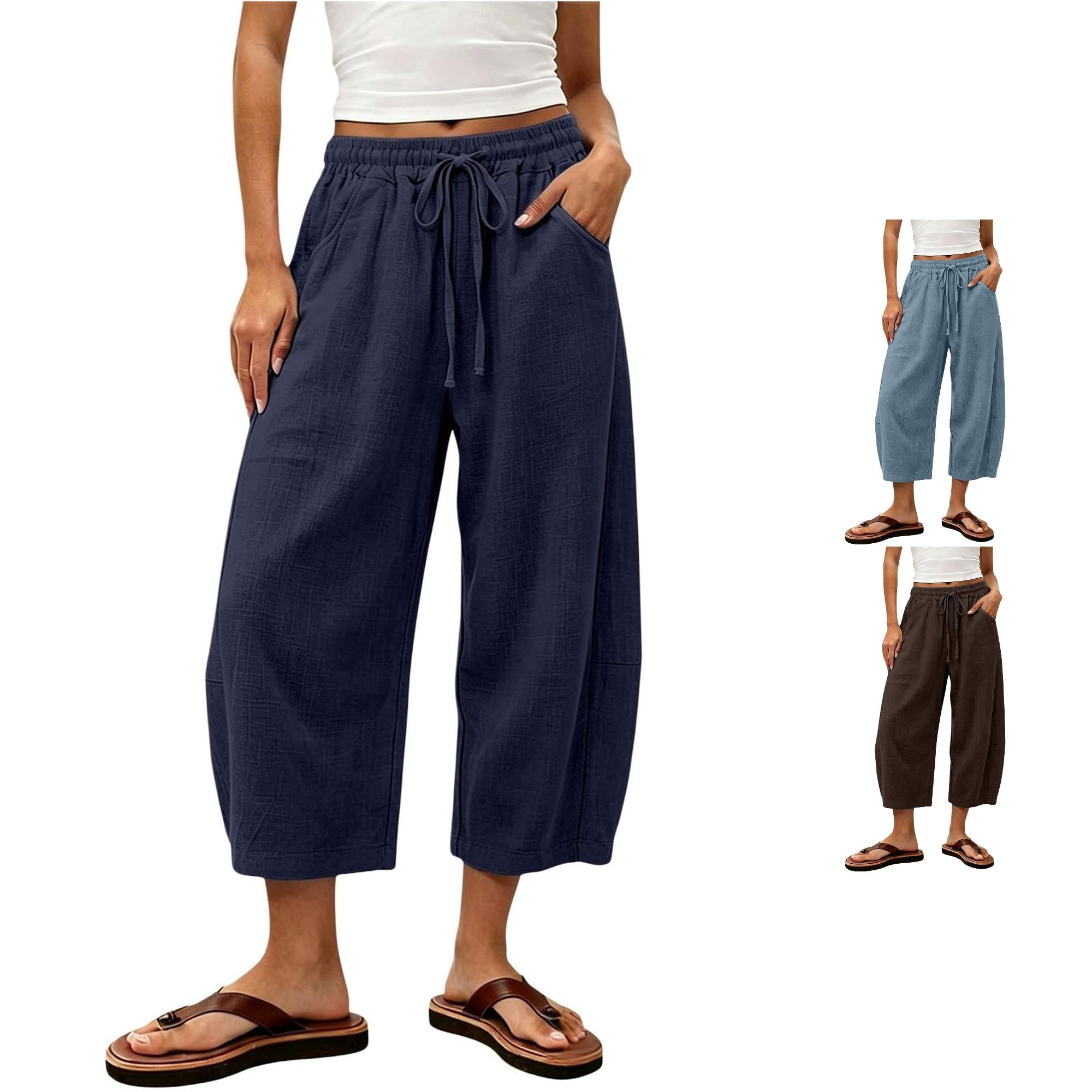 Bainana Women'S Wide Leg Capri Pants Solid Color Elastic Waist Loose ...