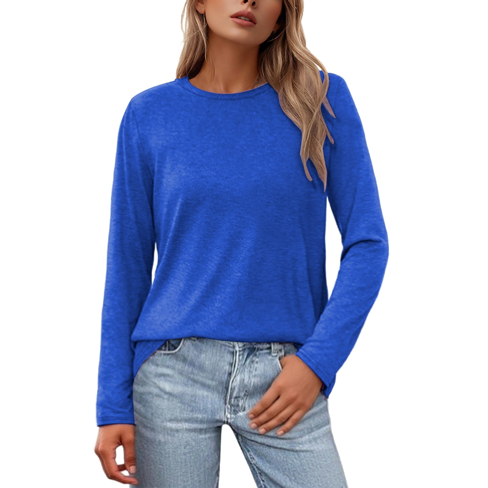 Bainana Women Shirt Solid Color Long Sleeve Crew Neck Tops Casual Loose ...