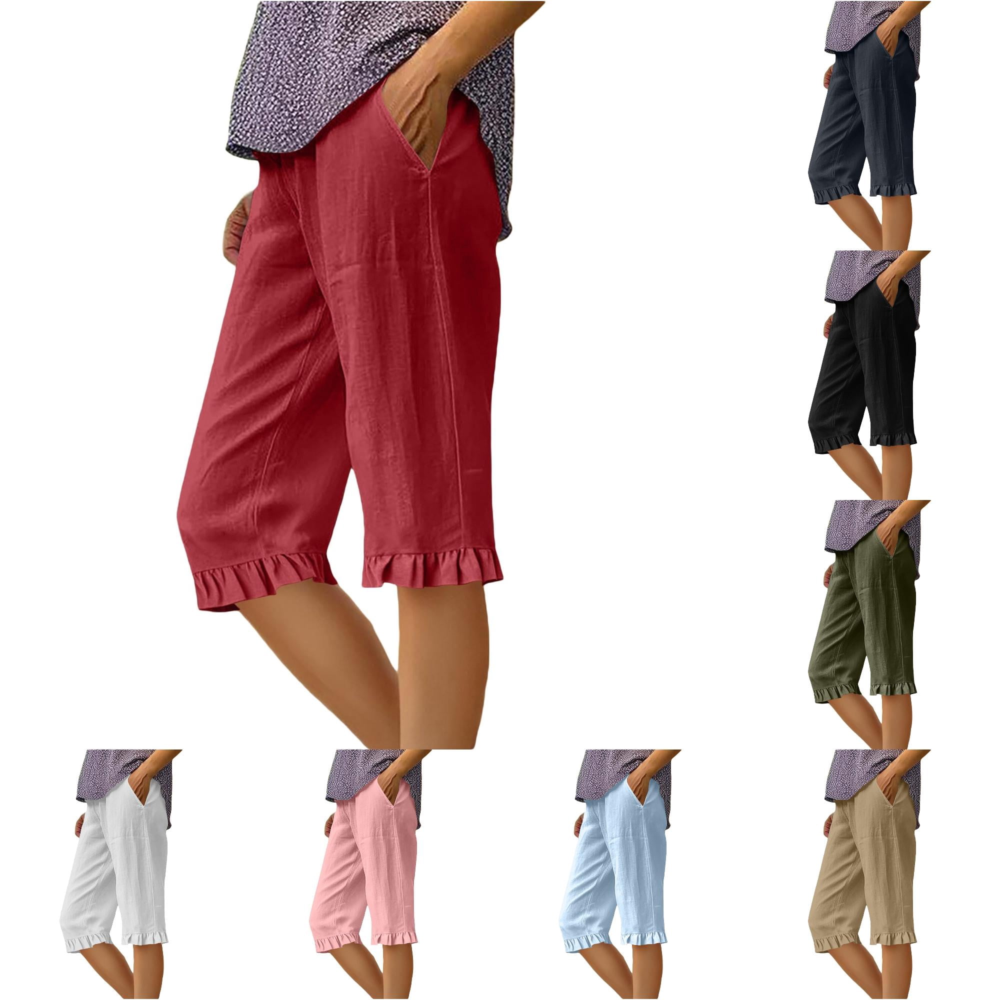 Bainana Womens Casual Capri Pants With Pockets And Ruffled Trim Solid ...