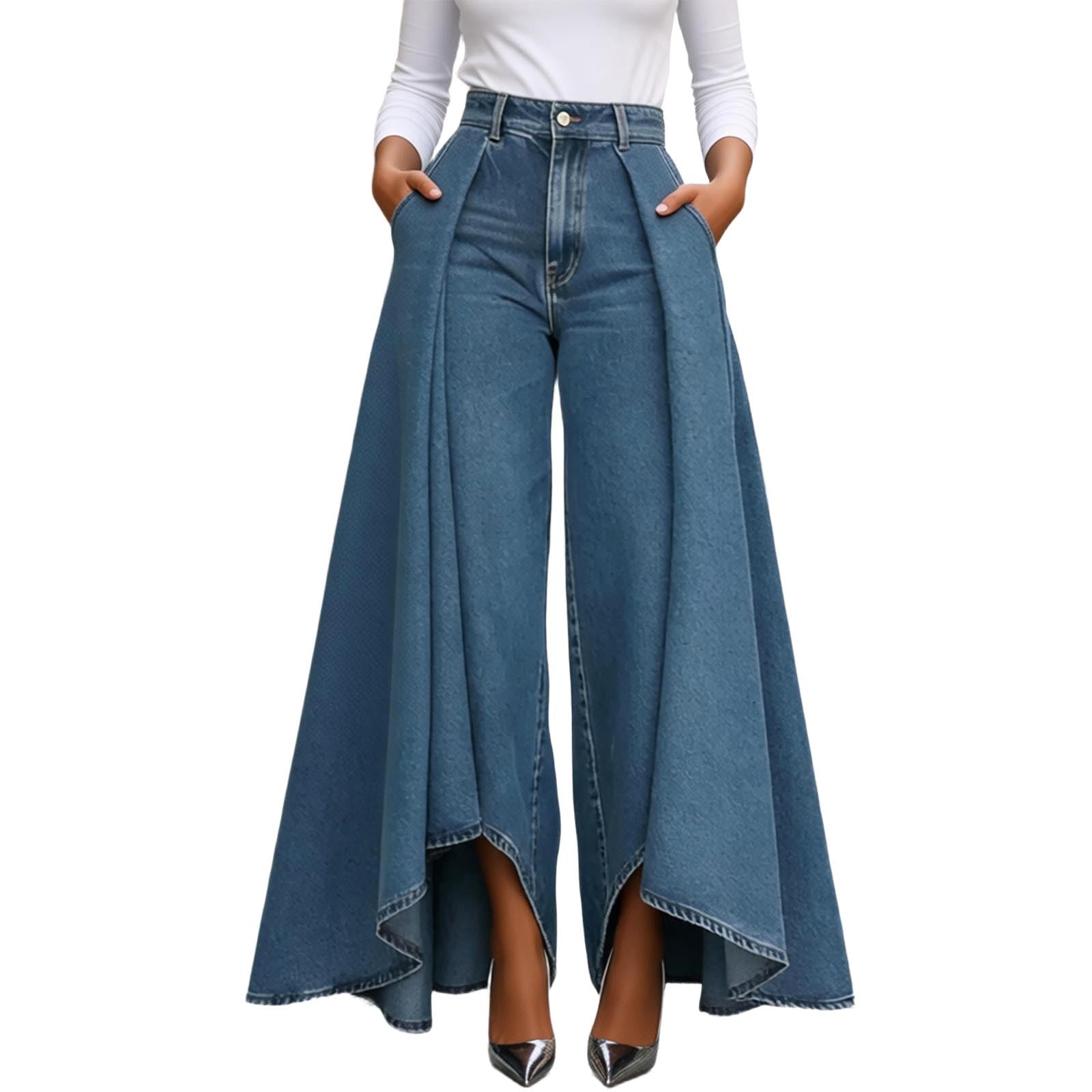 Bainana Womens Comfort Fit Wide Leg Denim Pants Solid Color High ...