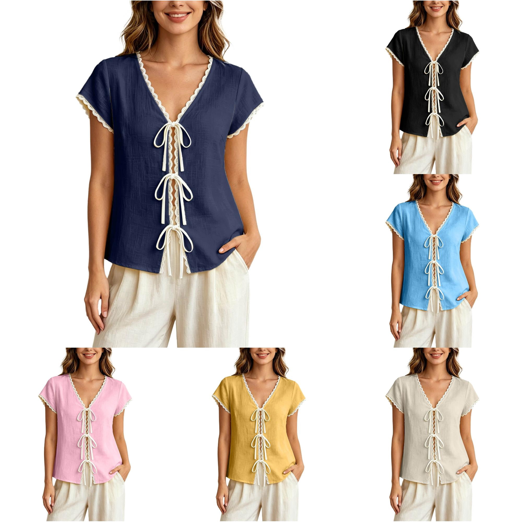 Bainana Womens Elegant Summer Knit Blouse With Lace Trim Solid Color ...