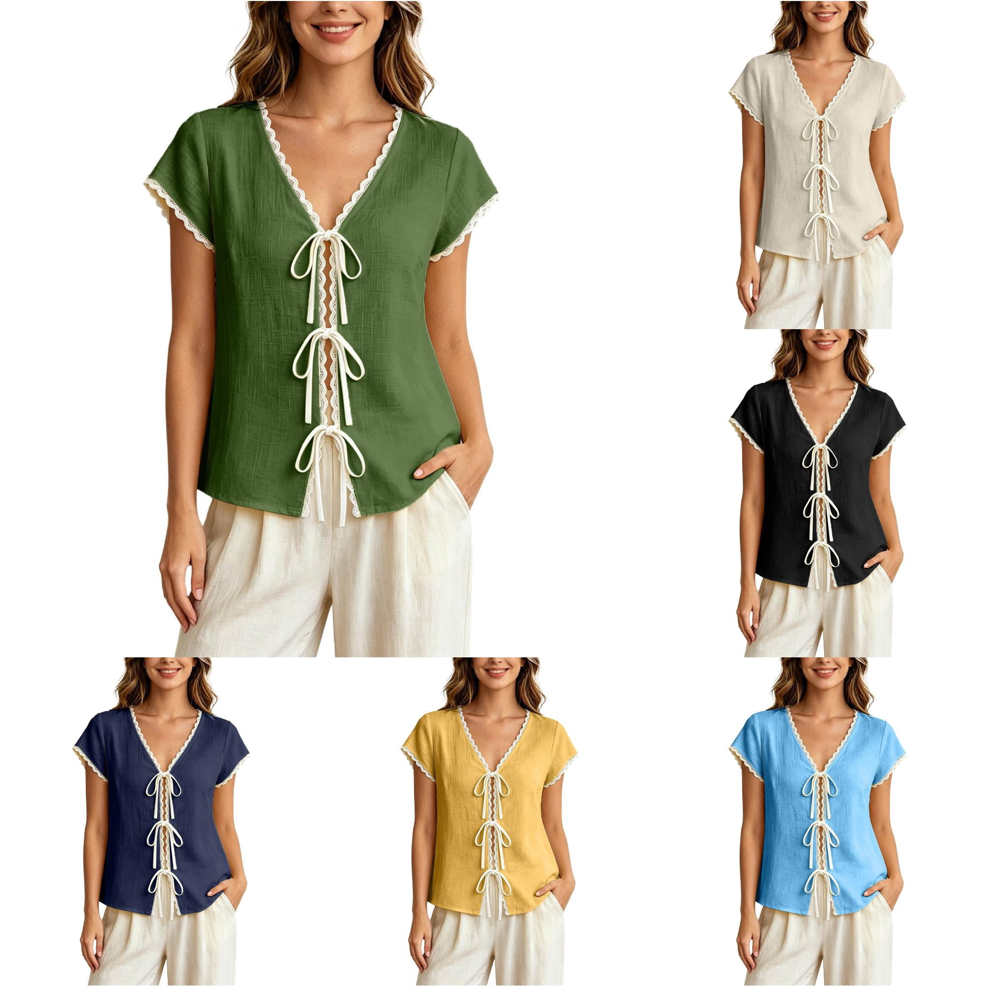 Bainana Womens Elegant Summer Knit Blouse With Lace Trim Solid Color ...