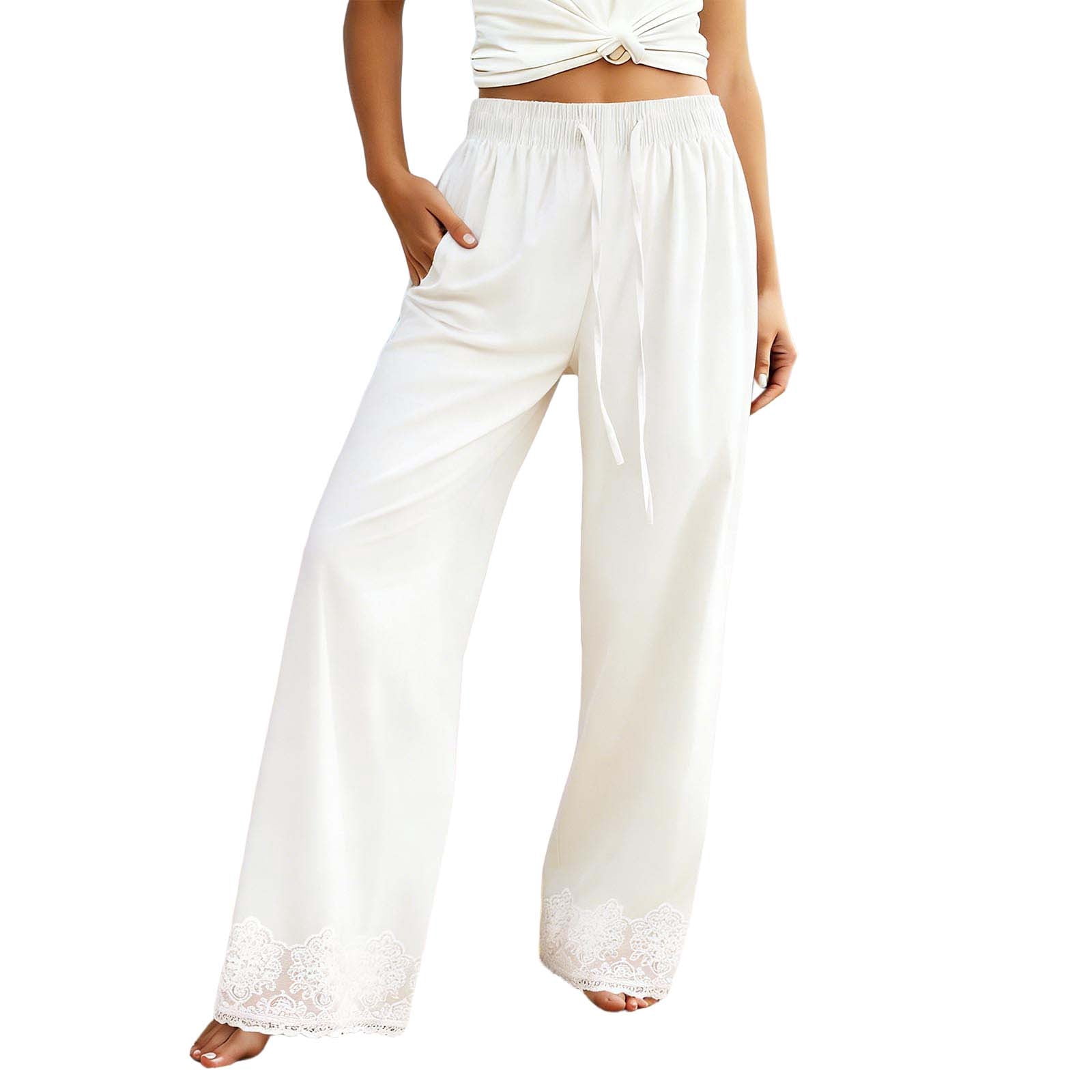 Bainana Womens Loose Fit Wide Leg Pants Solid Color Drawstring Elastic ...
