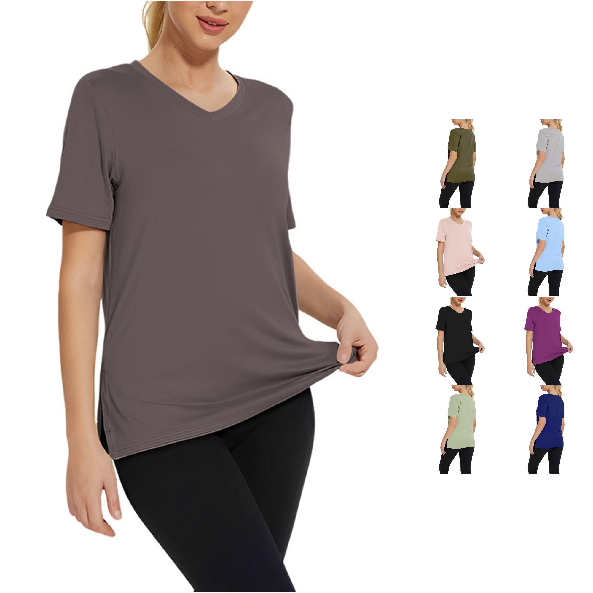 Bainana Womens Short Sleeve Loose Split Top For Summer Solid Color Crew ...