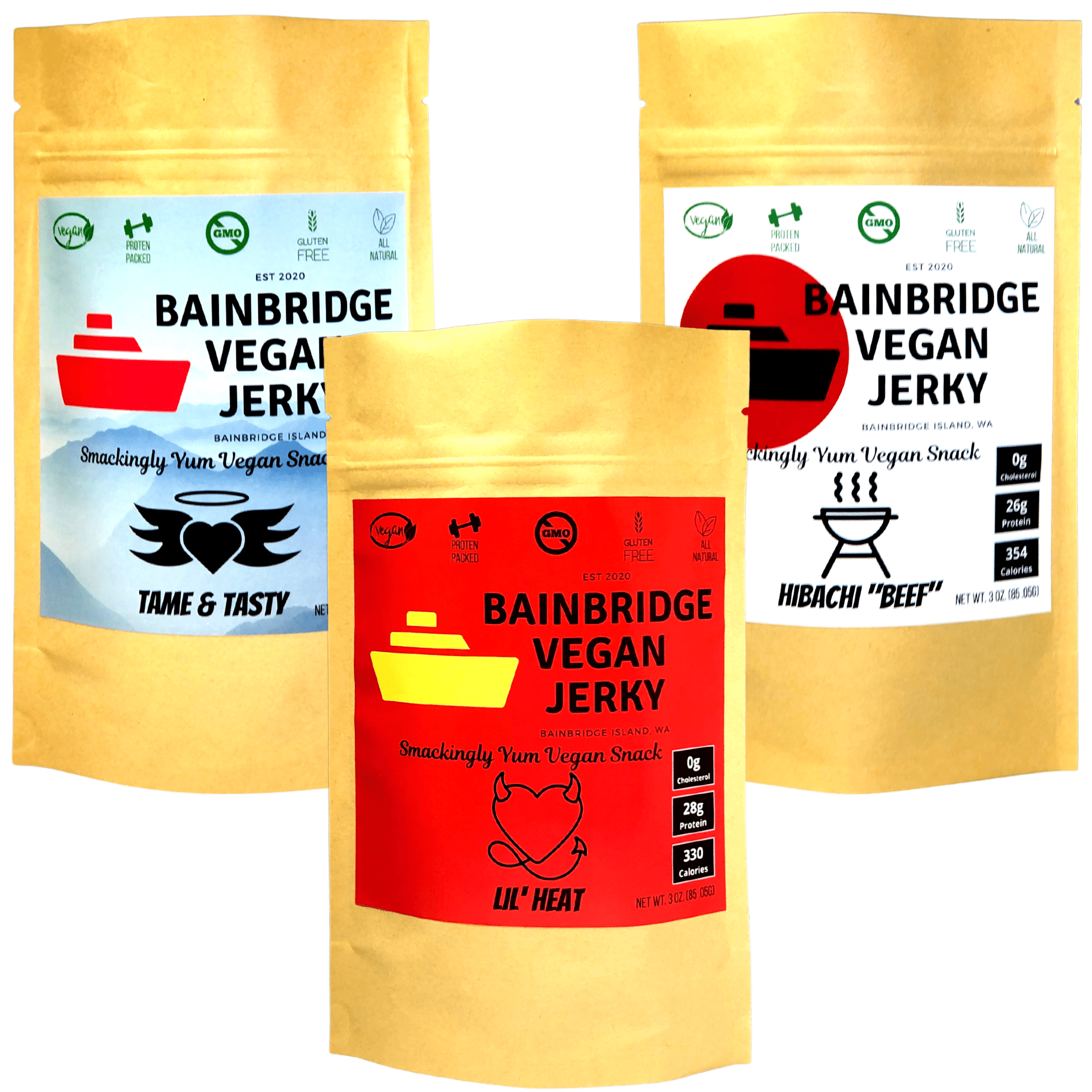 Bainbridge Vegan Jerky – Variety Pack: Tame & Tasty, Lil' Heat, Hibachi ...