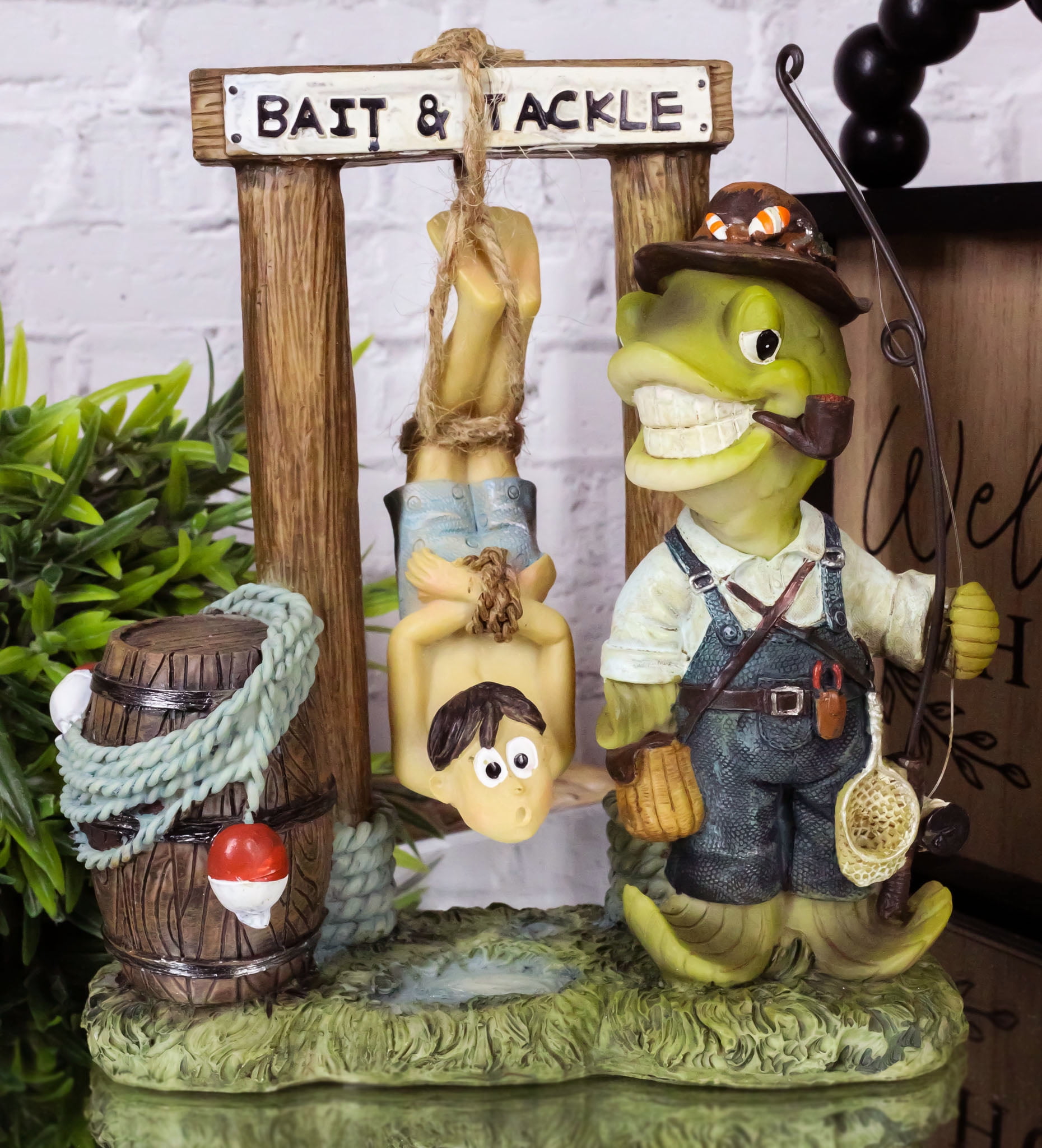 Bait And Tackle Wharf Sea Bass Fish With Fishing Pole Tied Up Fisherman ...