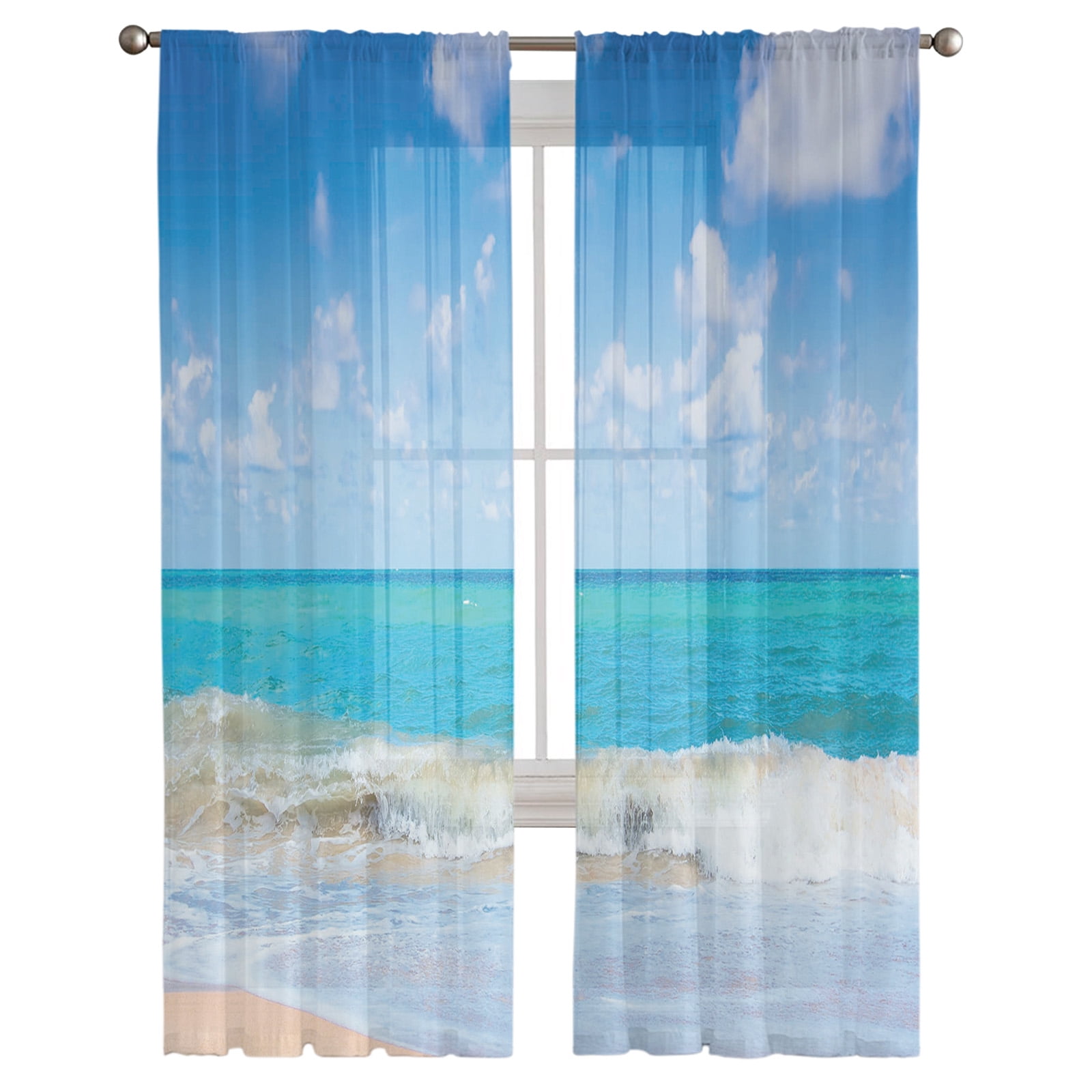Baiyun Beach Waves Scenery Sheer Curtain for Living Room Bedroom Voile ...