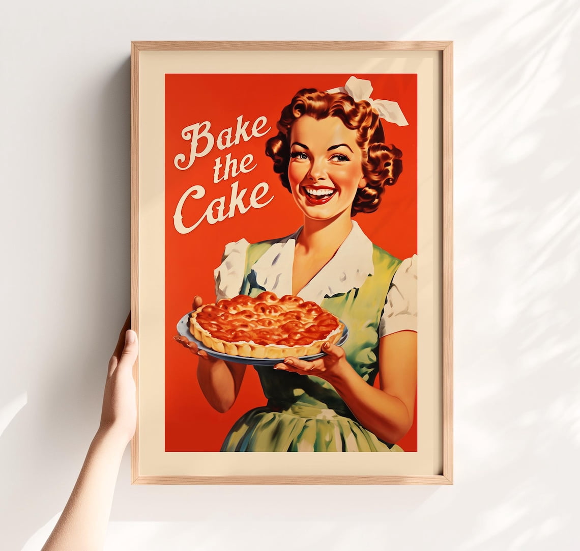 Bake the Cake Retro Housewife Cooking Kitchen Wall Decor, Unframed ...