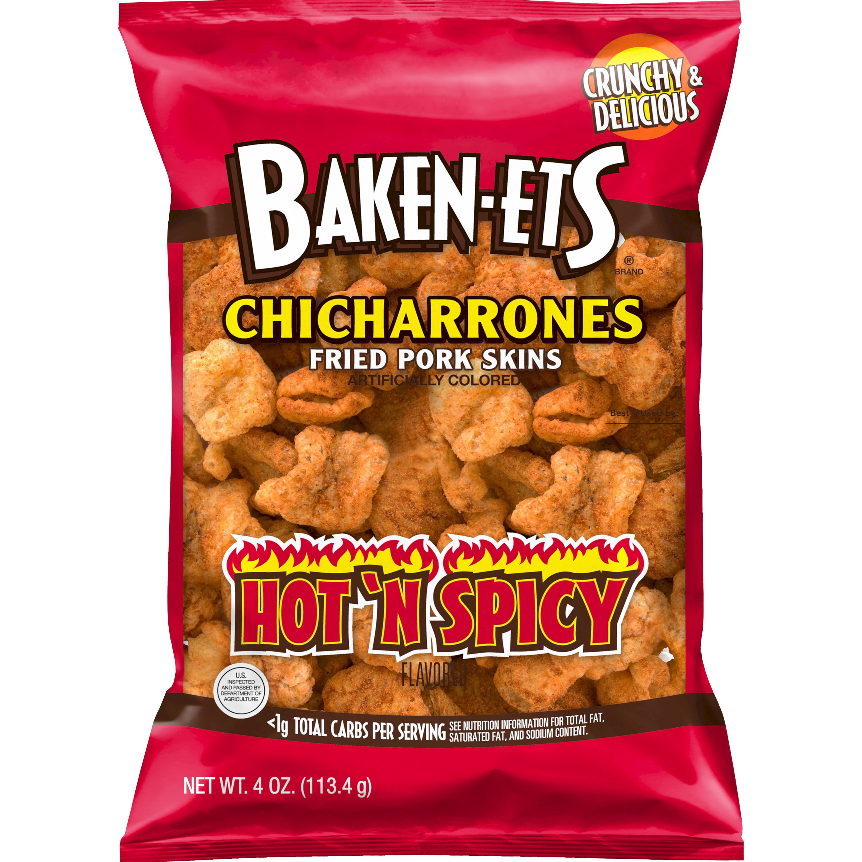 Baken-Ets Hot 'N Spicy Fried Pork Skins, 4 oz Bag, Crunchy Snack Rinds ...