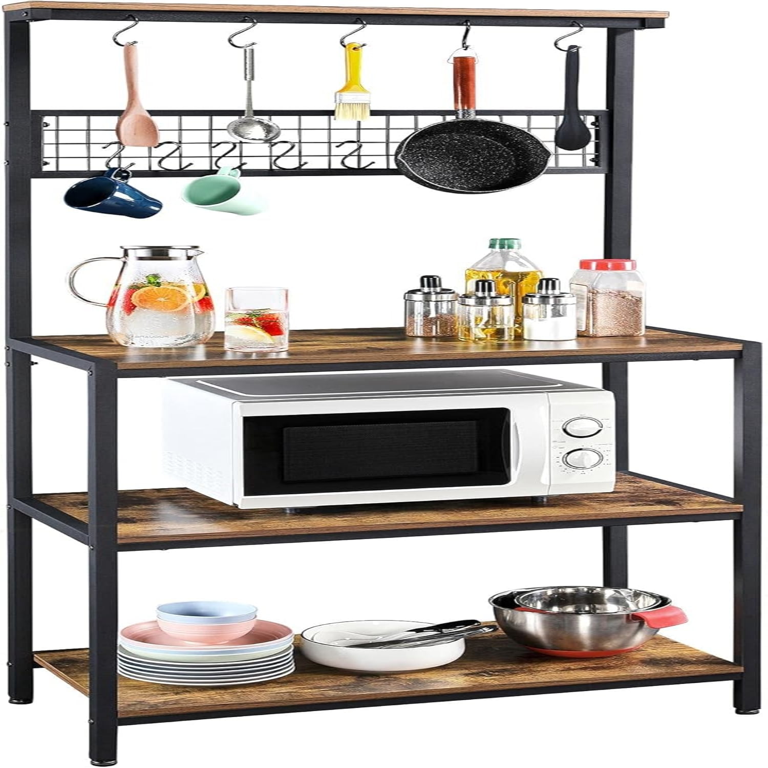 Baker's Rack with Power Outlet 4-Tier Coffee Bar Microwave Stand Cart with 10 S-Hooks ...