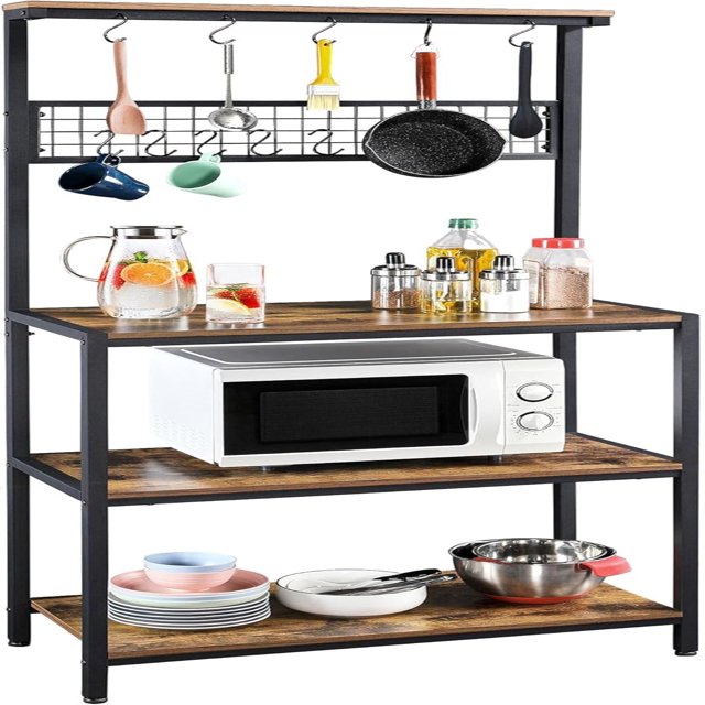 Baker's Rack with Power Outlet 4-Tier Coffee Bar Microwave Stand Cart with 10 S-Hooks ...
