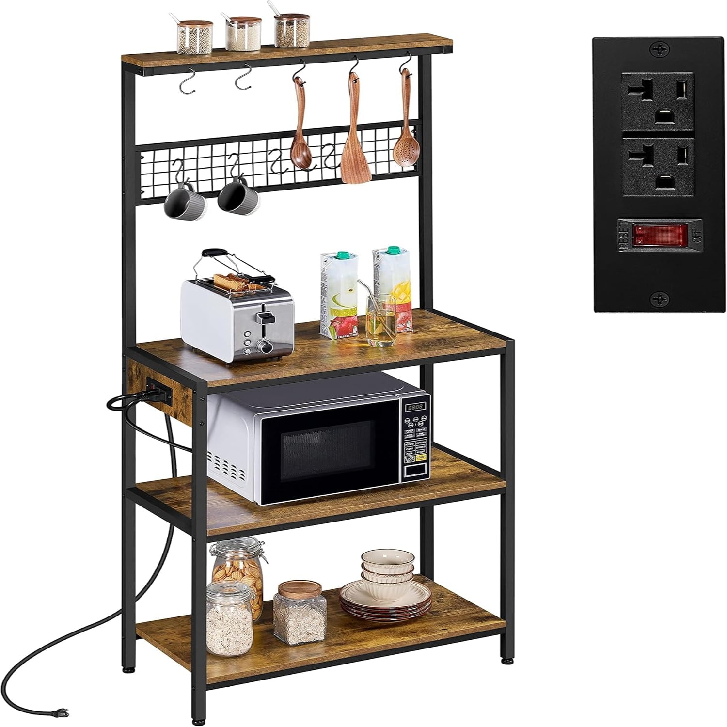 Baker's Rack with Power Outlet 4-Tier Coffee Bar Microwave Stand Cart with 10 S-Hooks ...