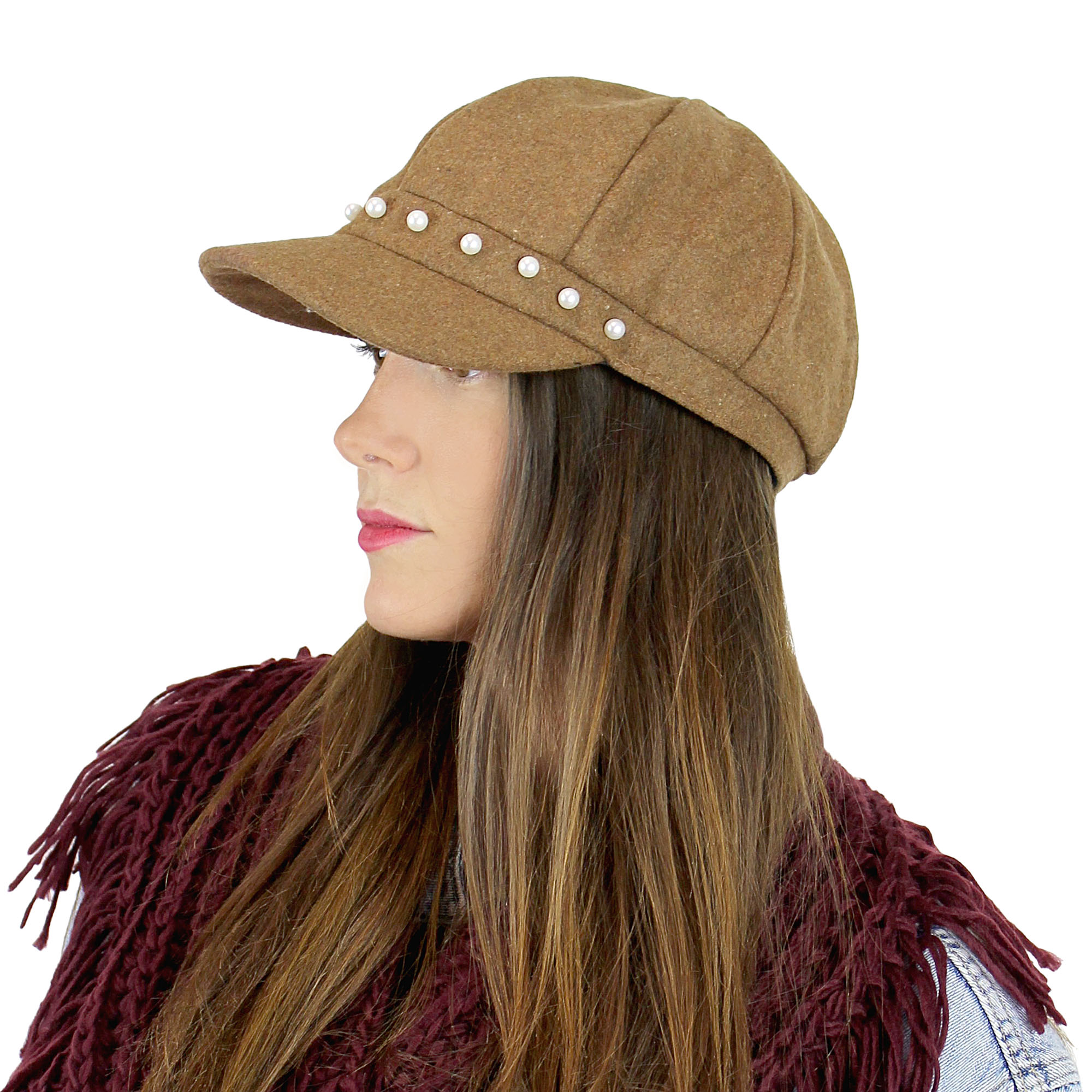Baker Boy Sueded Cap with Faux Pearls Khaki Hat for Women - Walmart.com