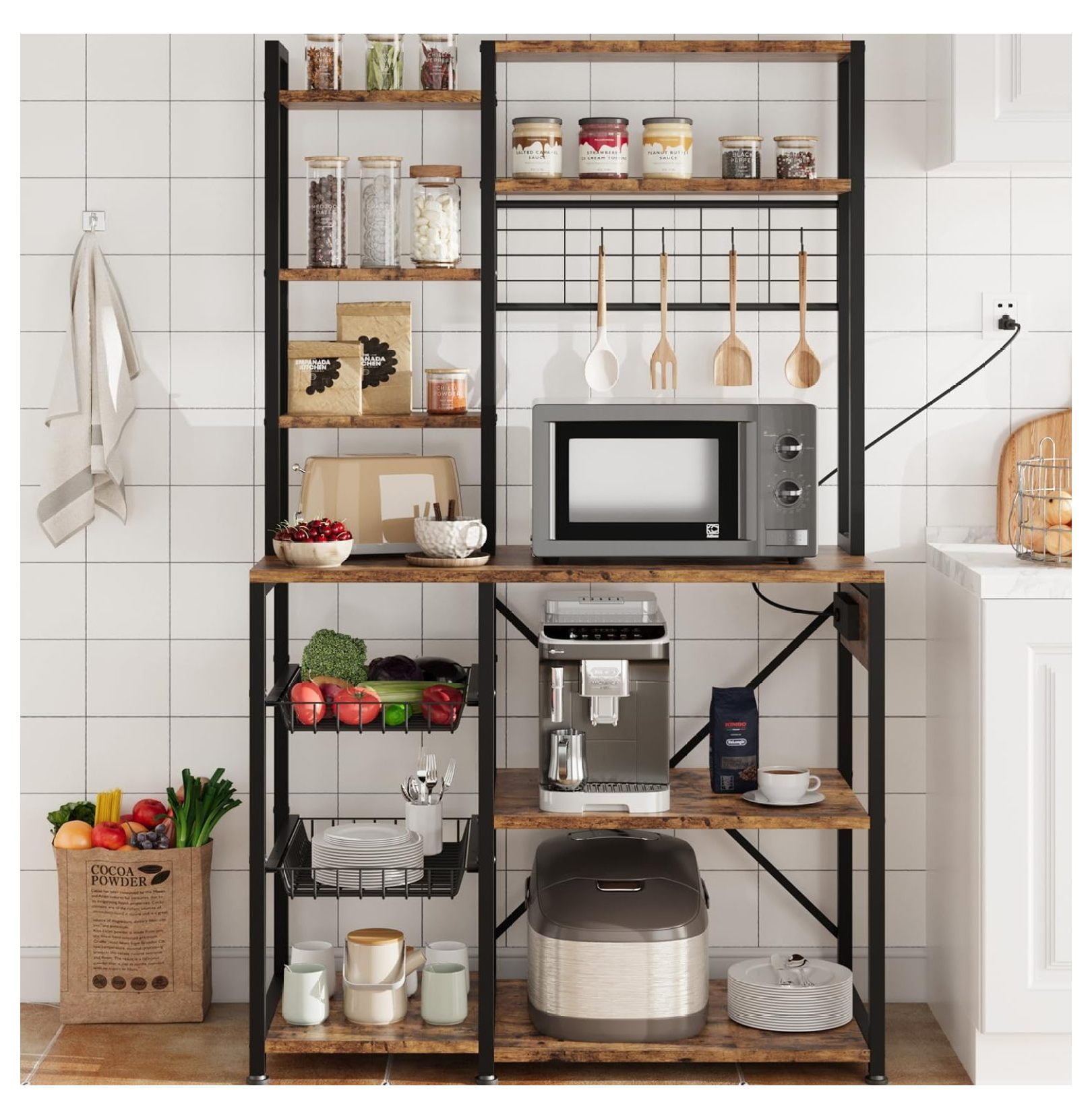 Baker Rack with Power Outlet, Kitchen Bakers Rack with 2 Wire Basket, Microwave Stand with Large ...