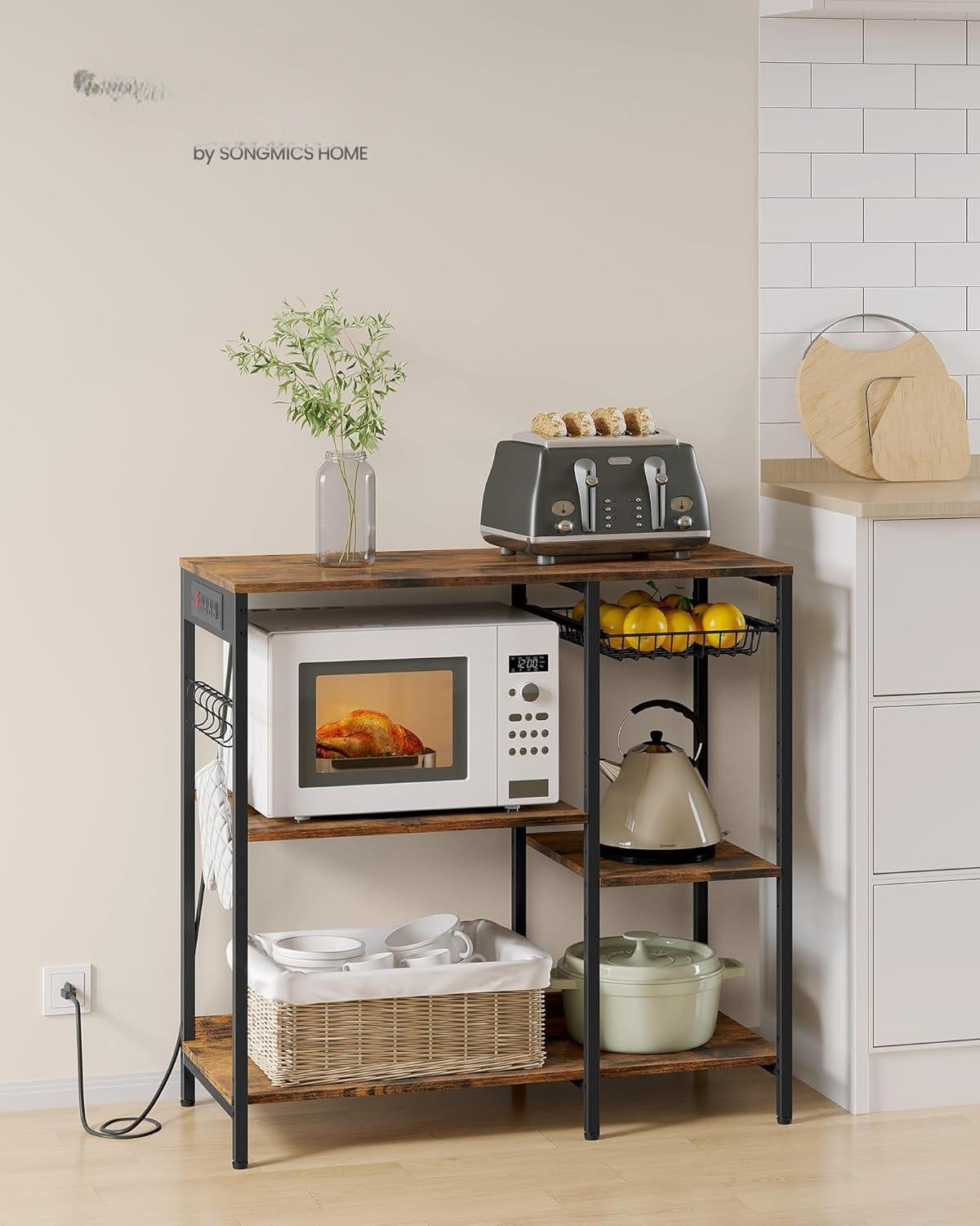 Baker's Rack, Coffee Bar Stand with Charging Station, Storage Shelves, Pull-Out Wire Basket ...