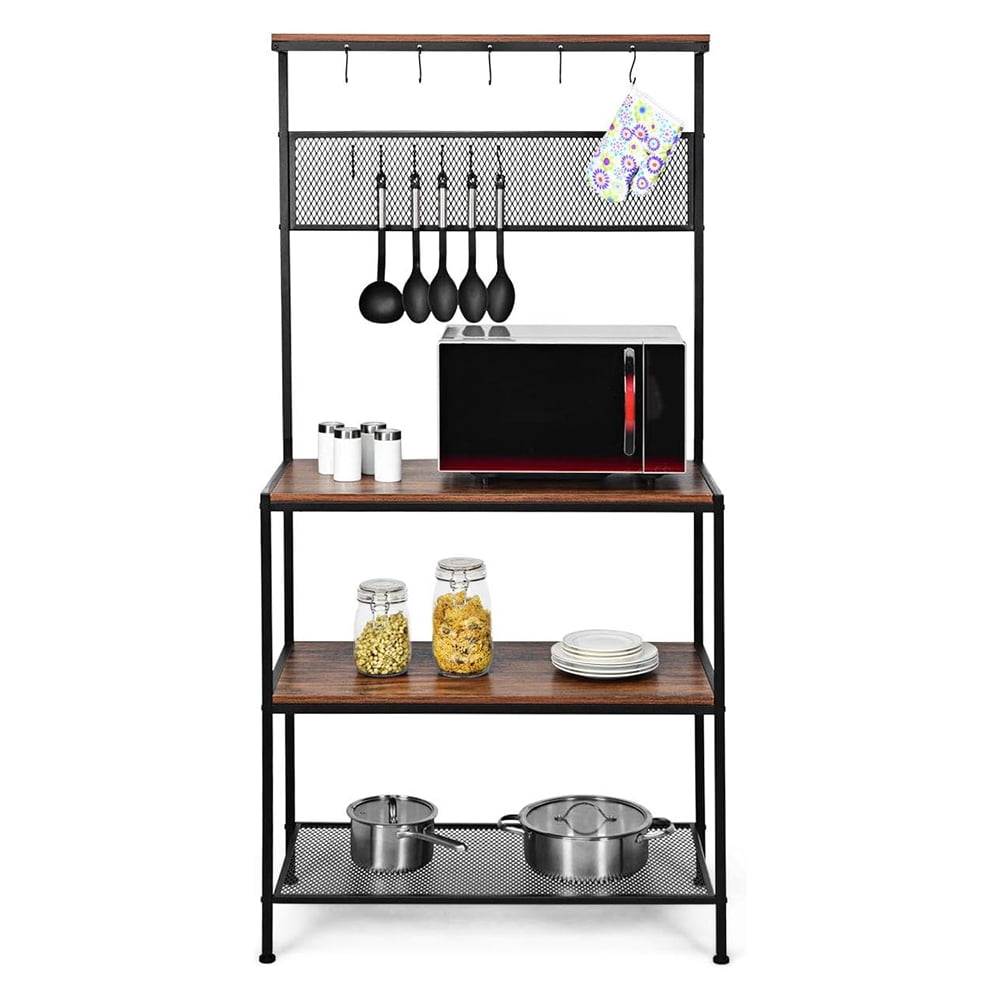 Baker’s Rack Microwave Stand with 11 Hooks, Metal Rack and Adjustable Feet for Spices, Pots and ...
