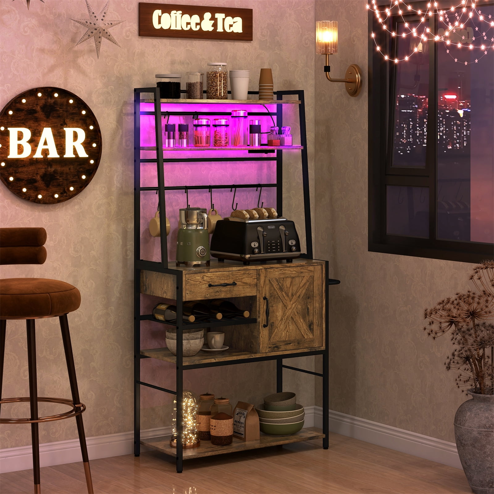 Baker's Rack with Power Outlet and LED Lights, Coffee Bar with Storage ...