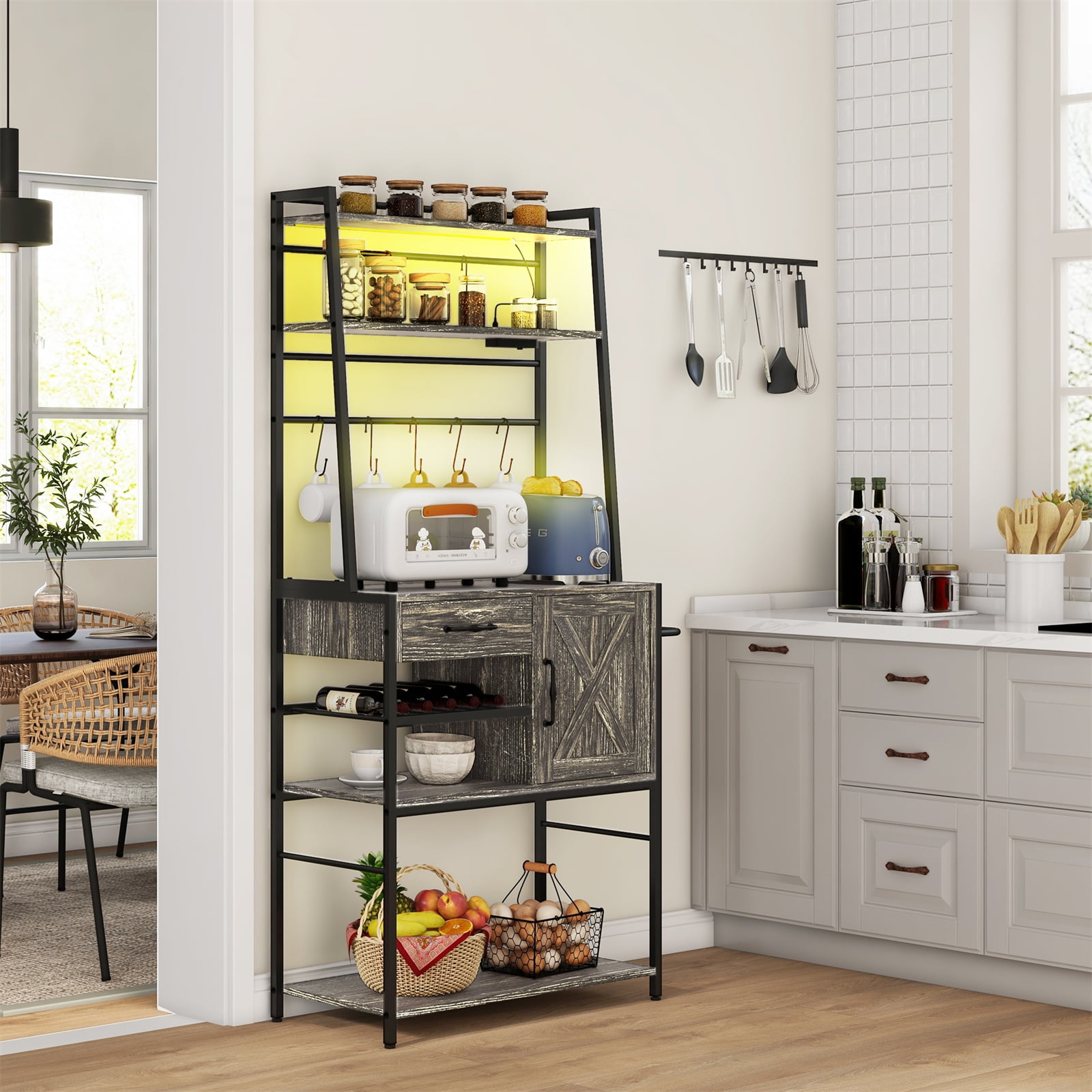 Baker's Rack with Power Outlet and LED Lights, Coffee Bar with Storage ...