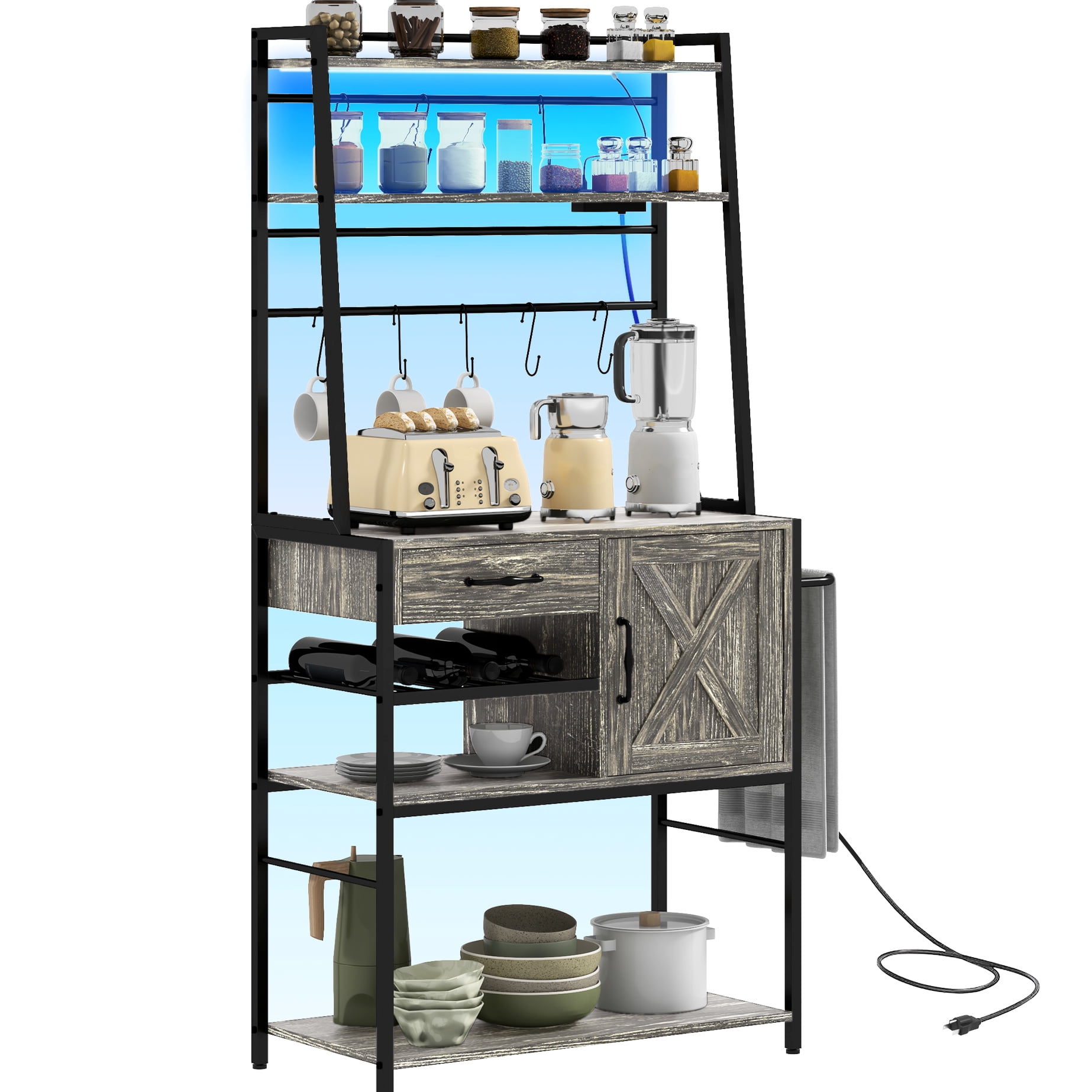 Baker's Rack With Power Outlet & Led Lights - Industrial Coffee Bar ...