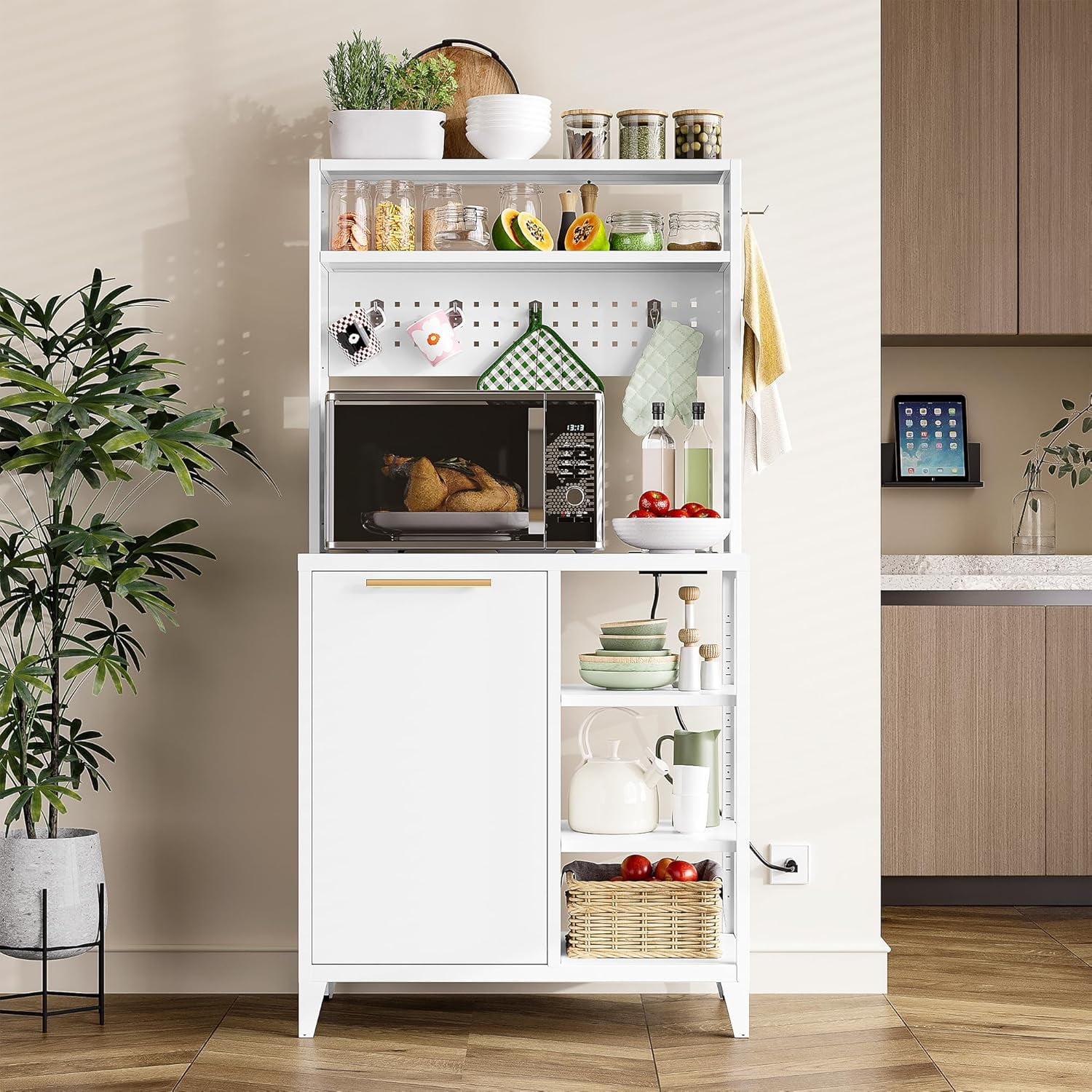 Baker's Rack with Trash Can Bin Cabinet and Power Outlet,63" Microwave ...