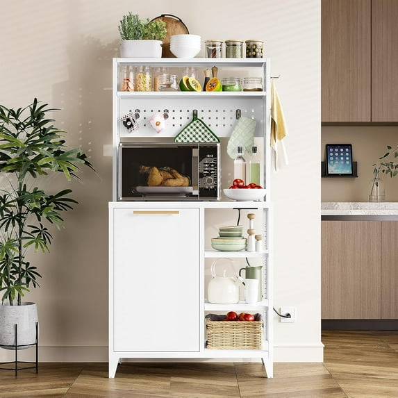 Baker's Rack with Trash Can Bin Cabinet and Power Outlet,63" Microwave ...