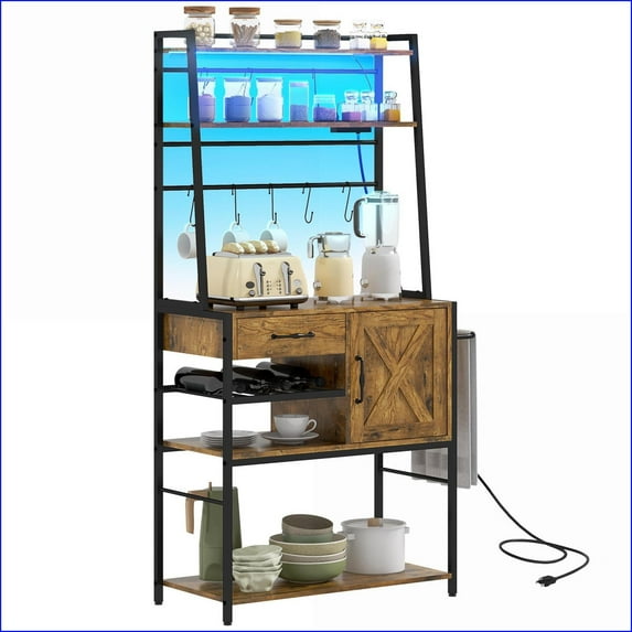 Baker's Rack with Power Outlet & LED Lights, Industrial Rustic Brown Coffee Bar | Particle Board ...