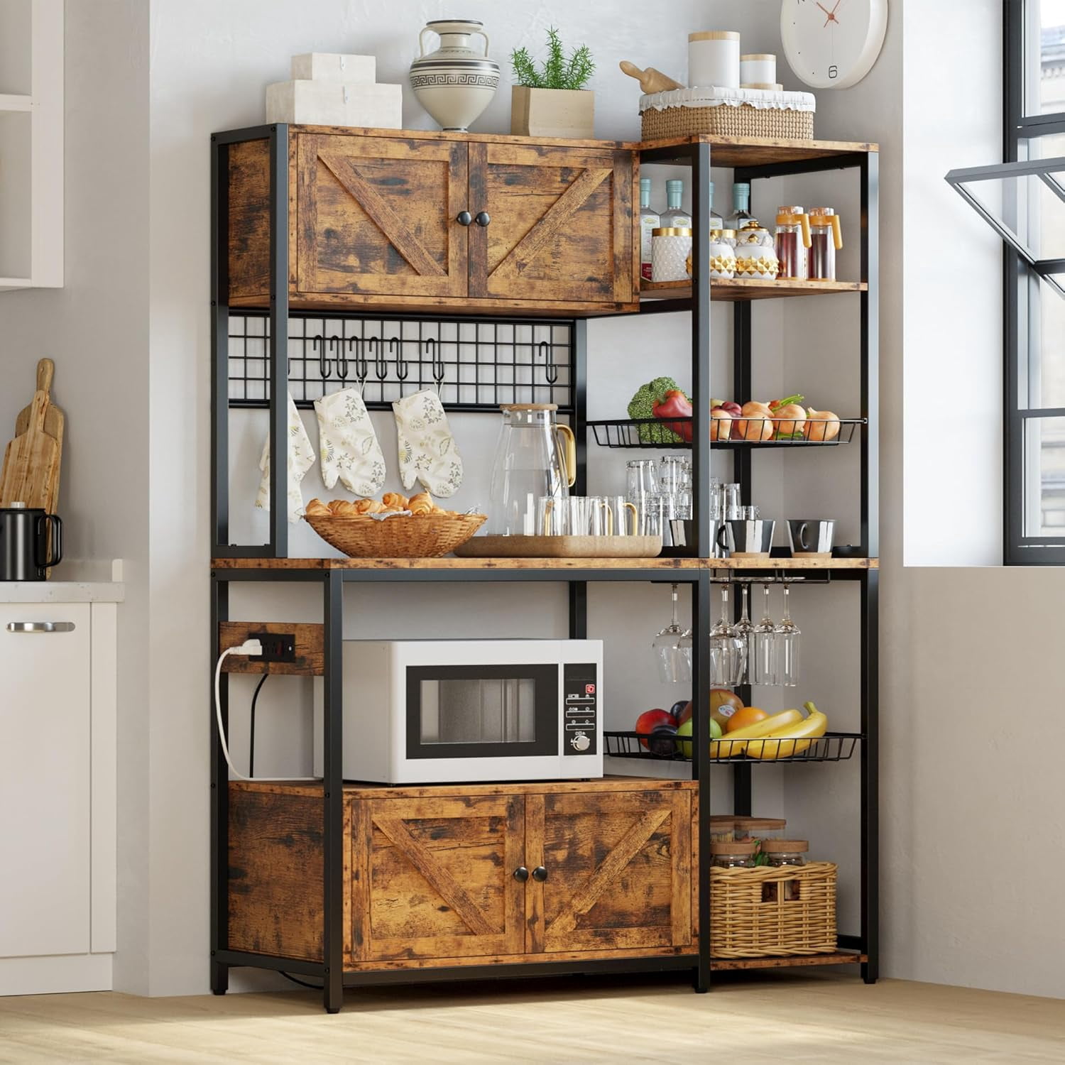 Bakers Rack with 2 Storage Cabinets and Power Outlet, 45.3 Inch ...
