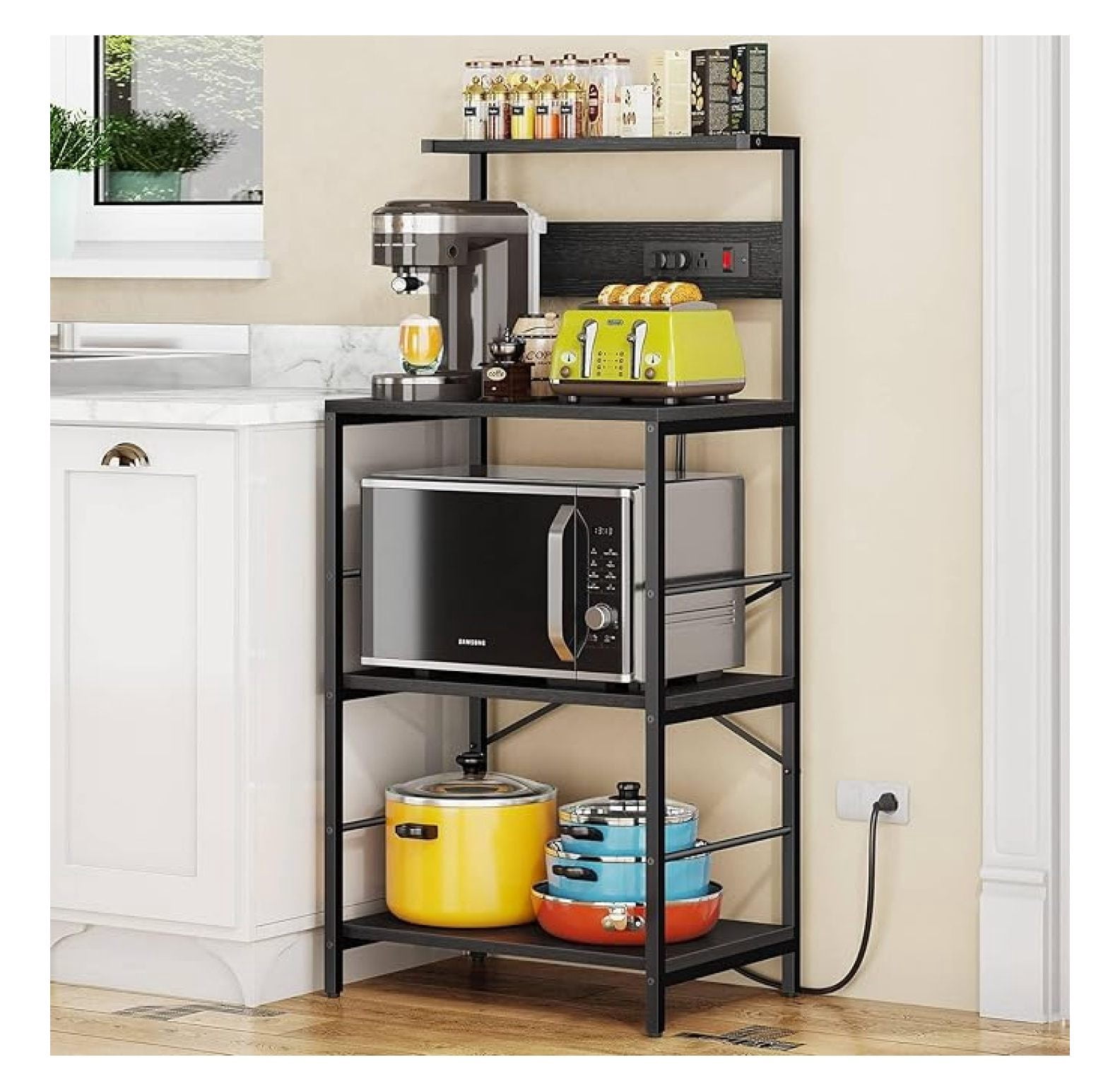 Bakers Rack with 3 Power Outlets, 4-Tier Kitchen Microwave Stand with ...