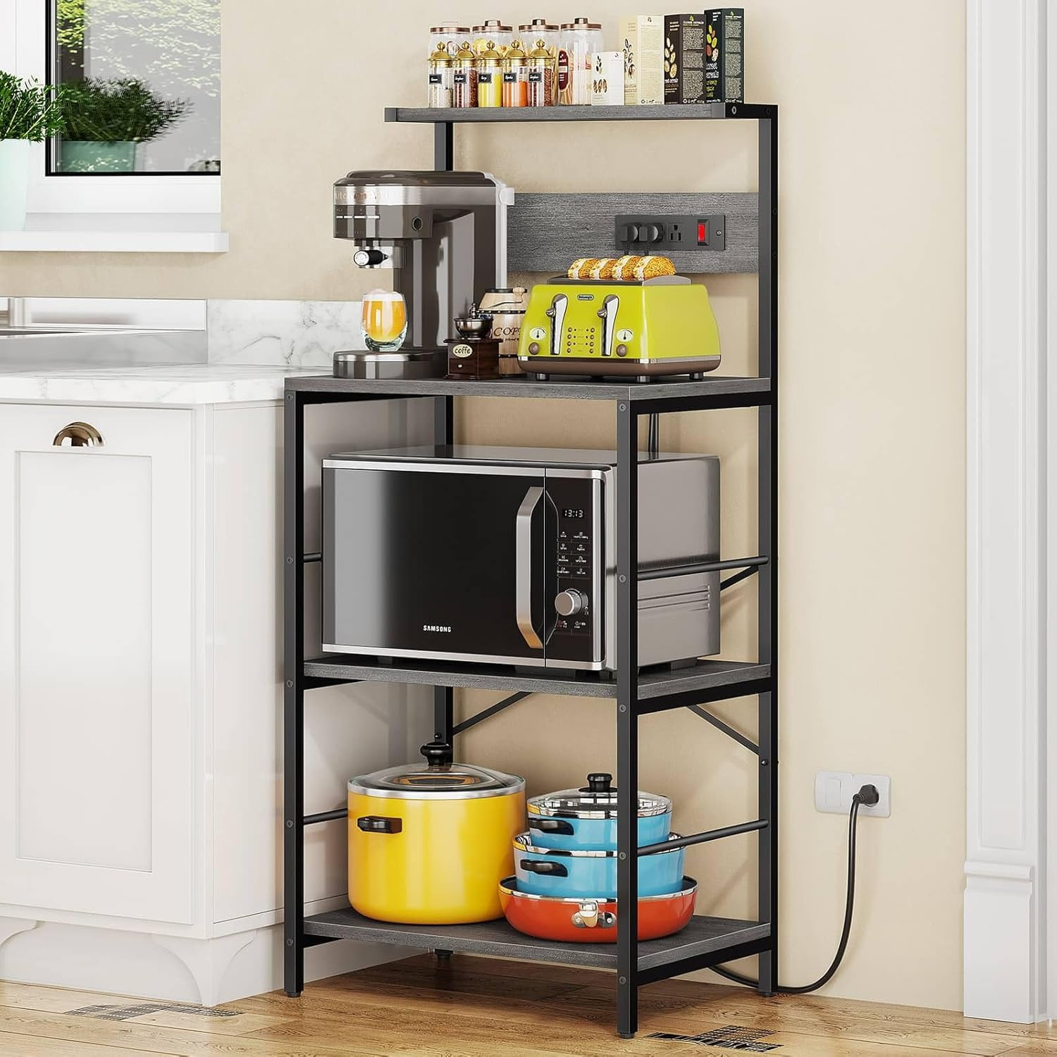 Bakers Rack with 3 Power Outlets, 4-Tier Kitchen Microwave Stand with ...