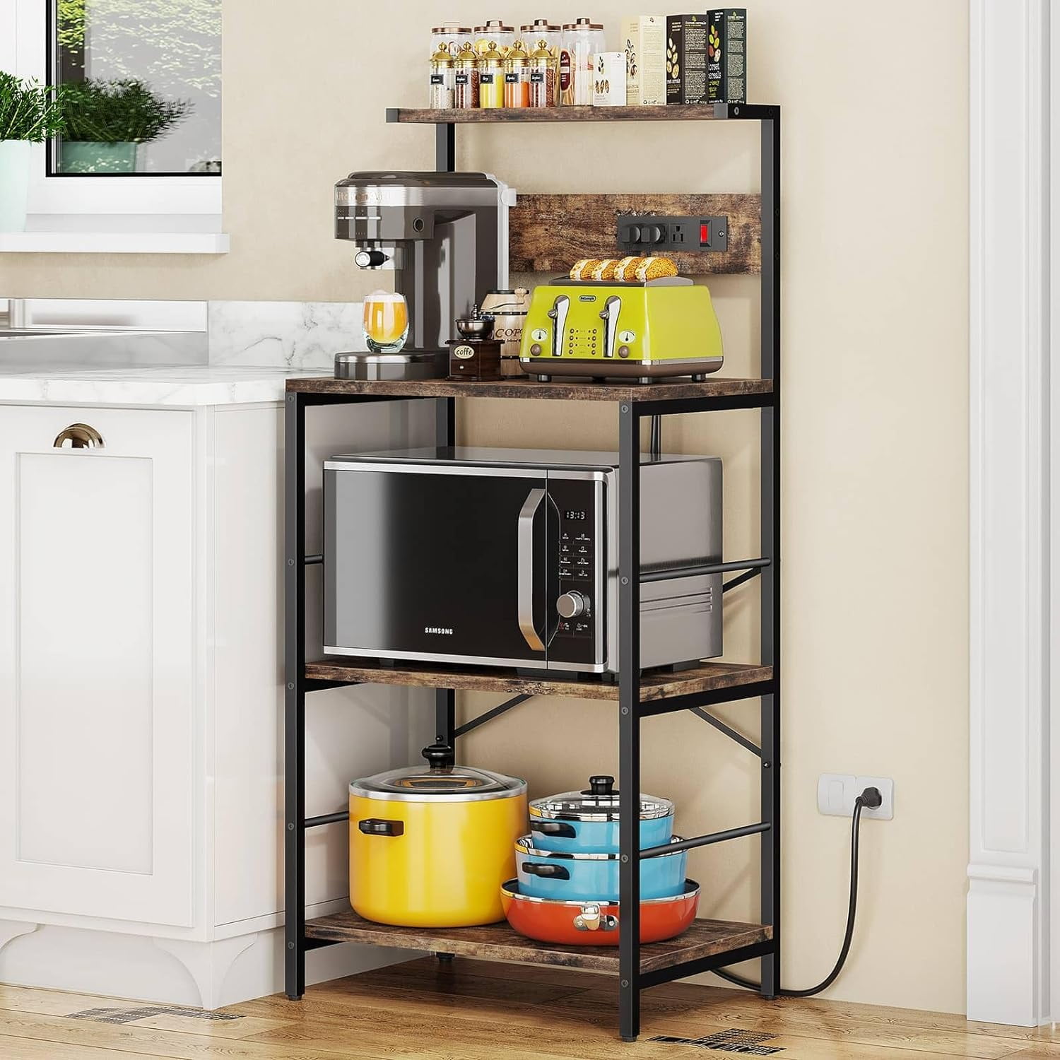 Bakers Rack with 3 Power Outlets, 4-Tier Microwave Stand with Storage ...