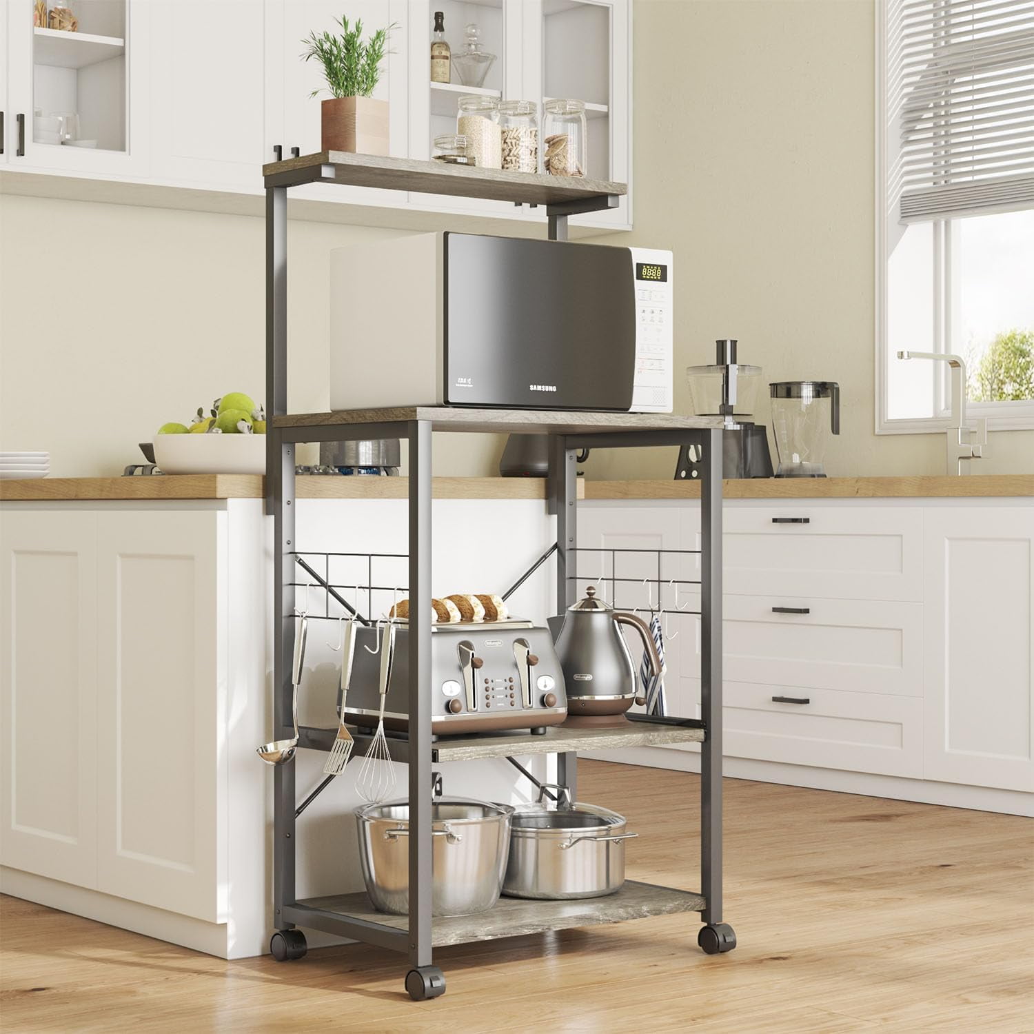 Bakers Rack, 4-Tier Microwave Stand Coffee Bar Table on Wheels, Utility ...