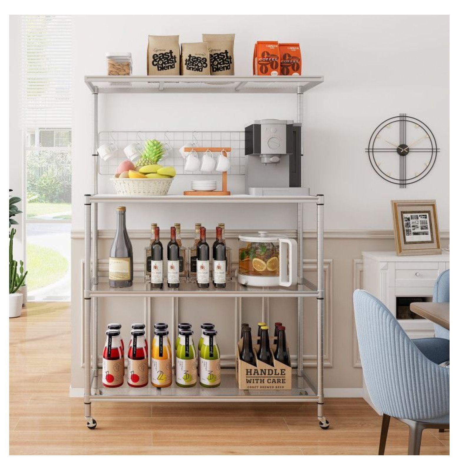 Bakers Rack 4 Tier on Wheels, Adjustable Shelves Metal Kitchen Rack for ...