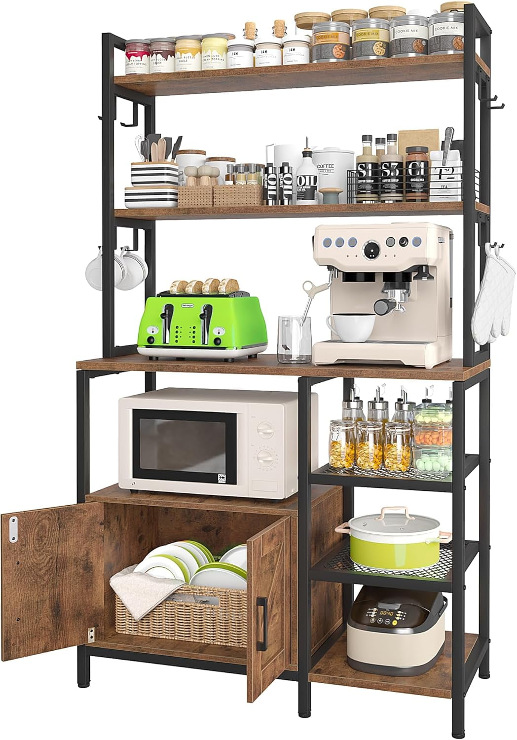 Bakers Rack, 6 Tier Kitchen Rack with Storage Cabinet and 8 Side Hooks ...