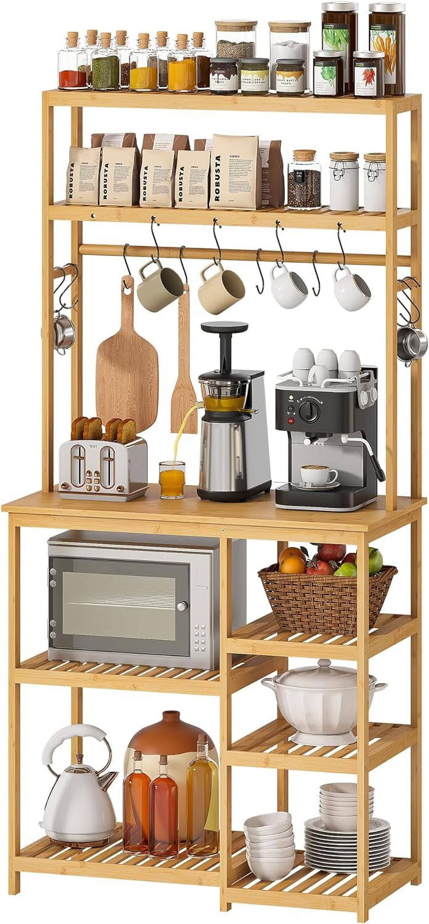 Bakers Rack Bamboo for Kitchen with 12 S-Shaped Hooks Coffee Bar Table ...